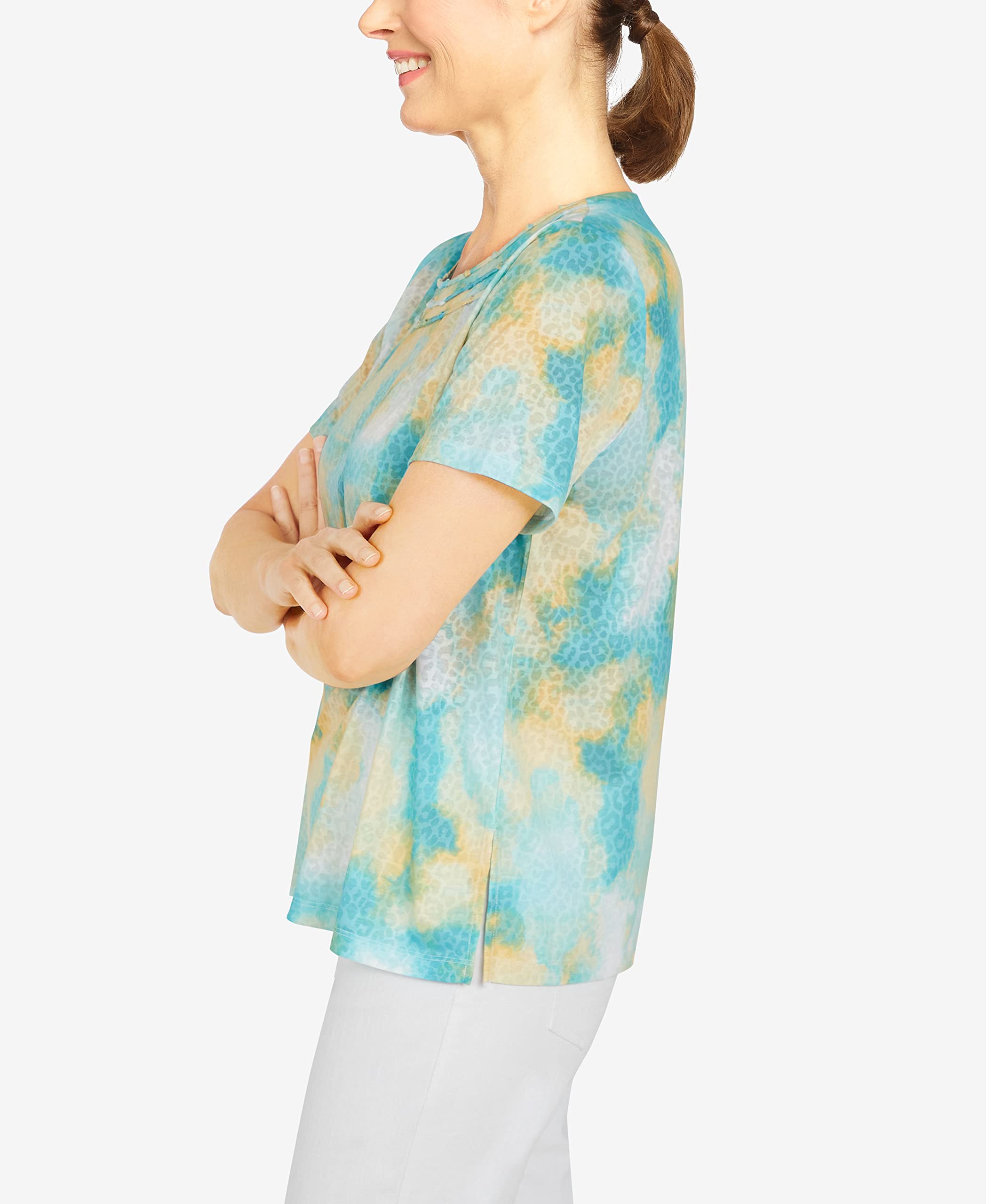 Alfred Dunner Womens Animal Tie Dye Burnout Top, Aqua/Lemon, S