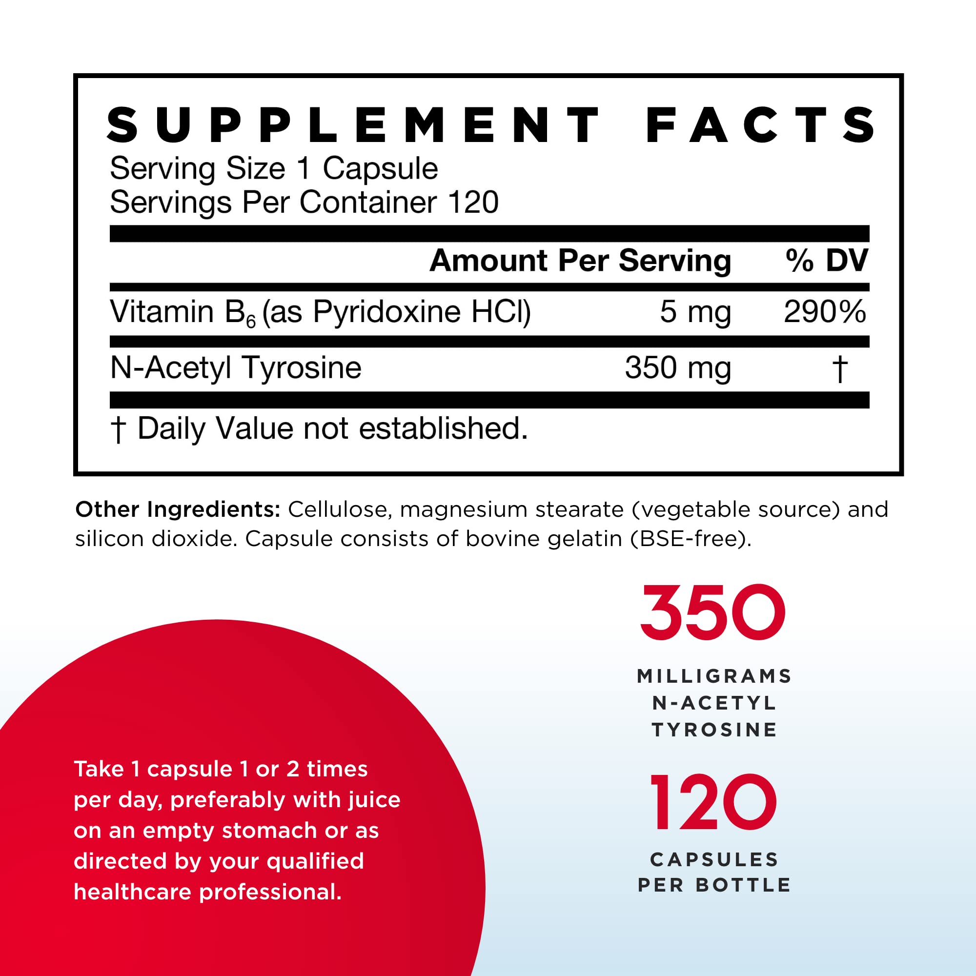Jarrow Formulas N-Acetyl Tyrosine 350 mg - 120 Capsules, Pack of 2 - Supports Brain Function - Contains Vitamin B6 for Amino Acid Metabolism - 240 Total Servings