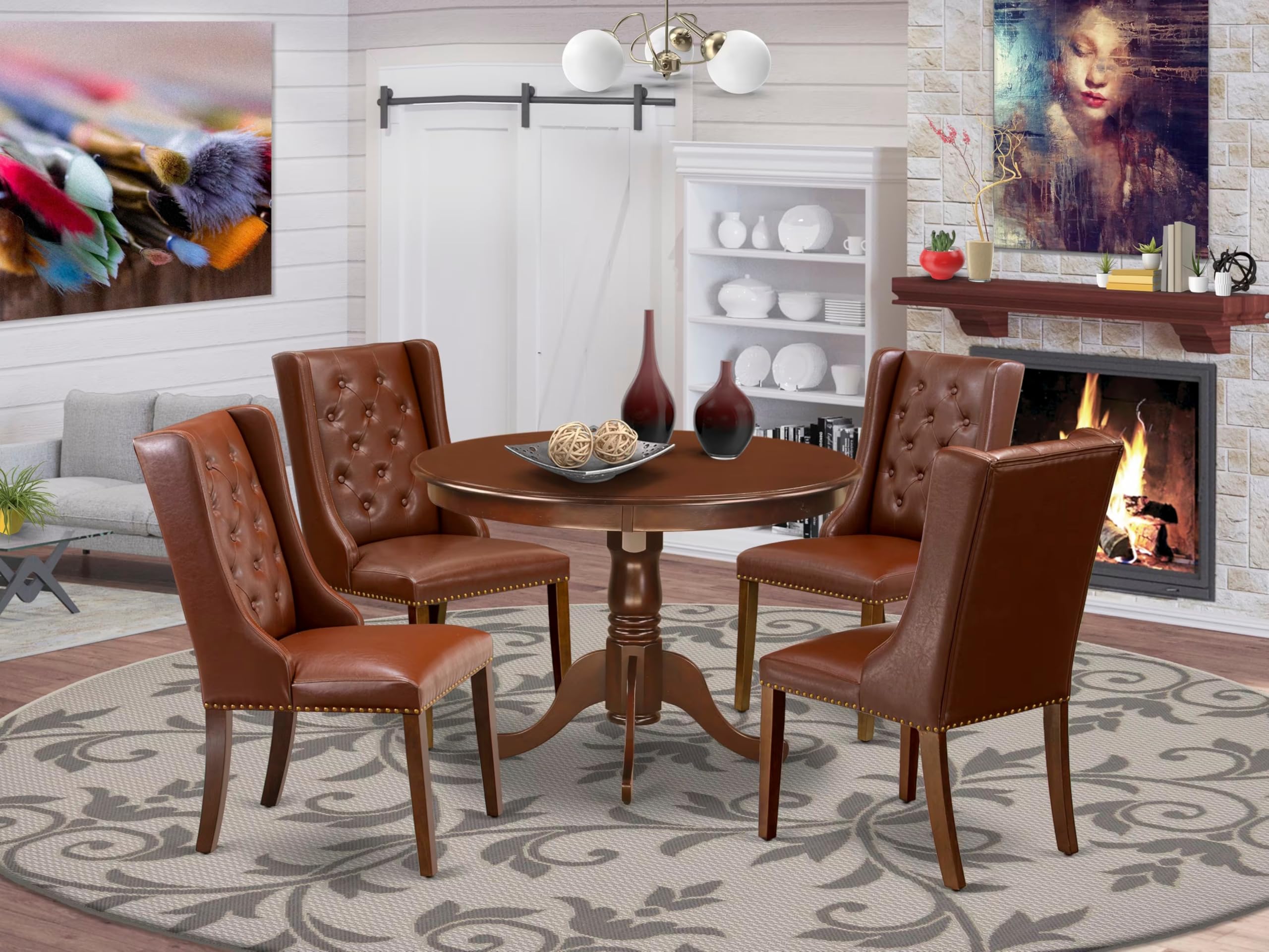 East West Furniture HLFO5-MAH-46 5 Piece Kitchen Table Set for 4 Includes a Round Dining Table with Pedestal and 4 Brown Faux Faux Leather Parson Dining Chairs, 42x42 Inch, Mahogany