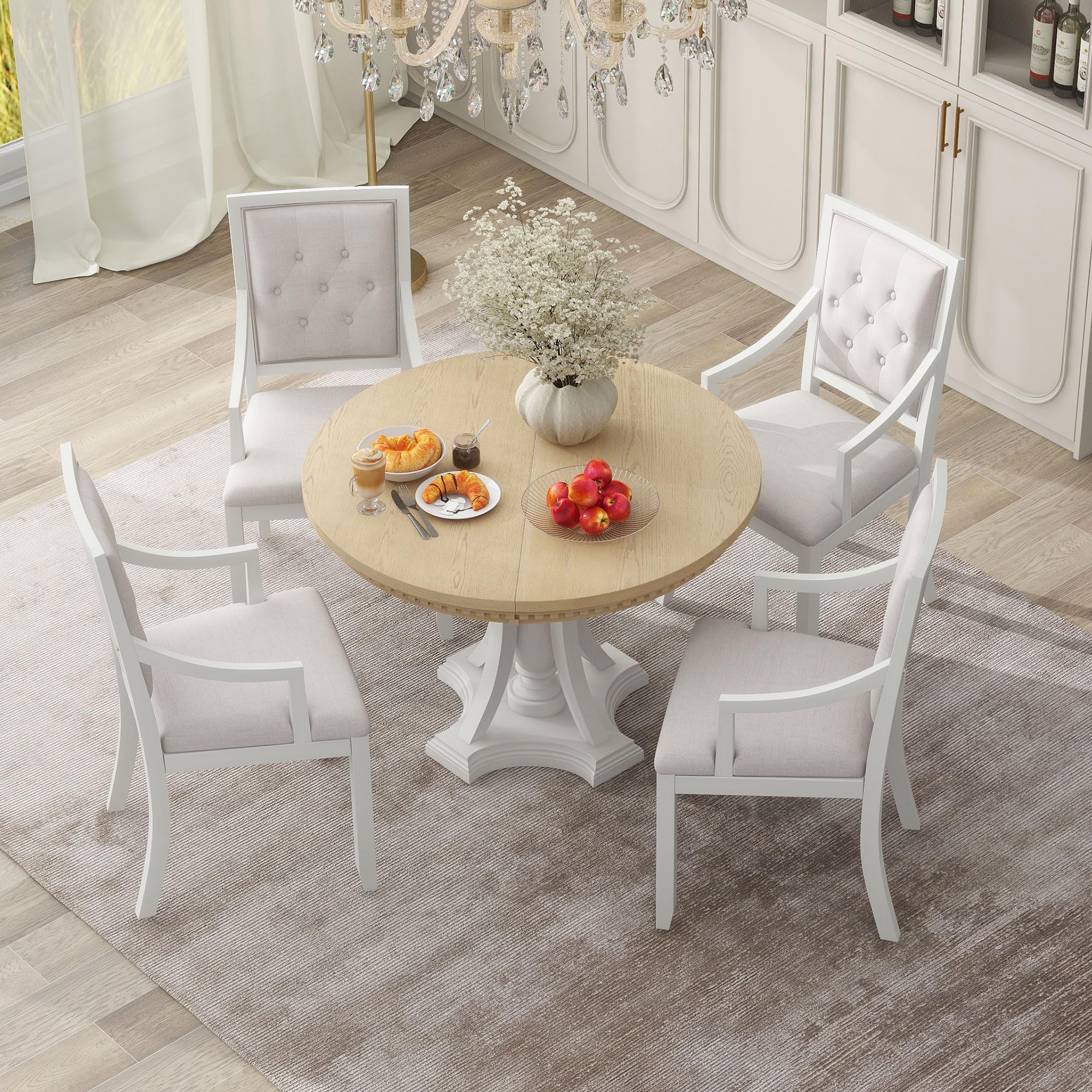 KoiHome, Wood Two-Size Round to Oval Butterfly Leaf, 4 Upholstered Armrest for 4 (Natural Oak+ Antique White), 5-Piece Extendable Dining Table/Chairs Set