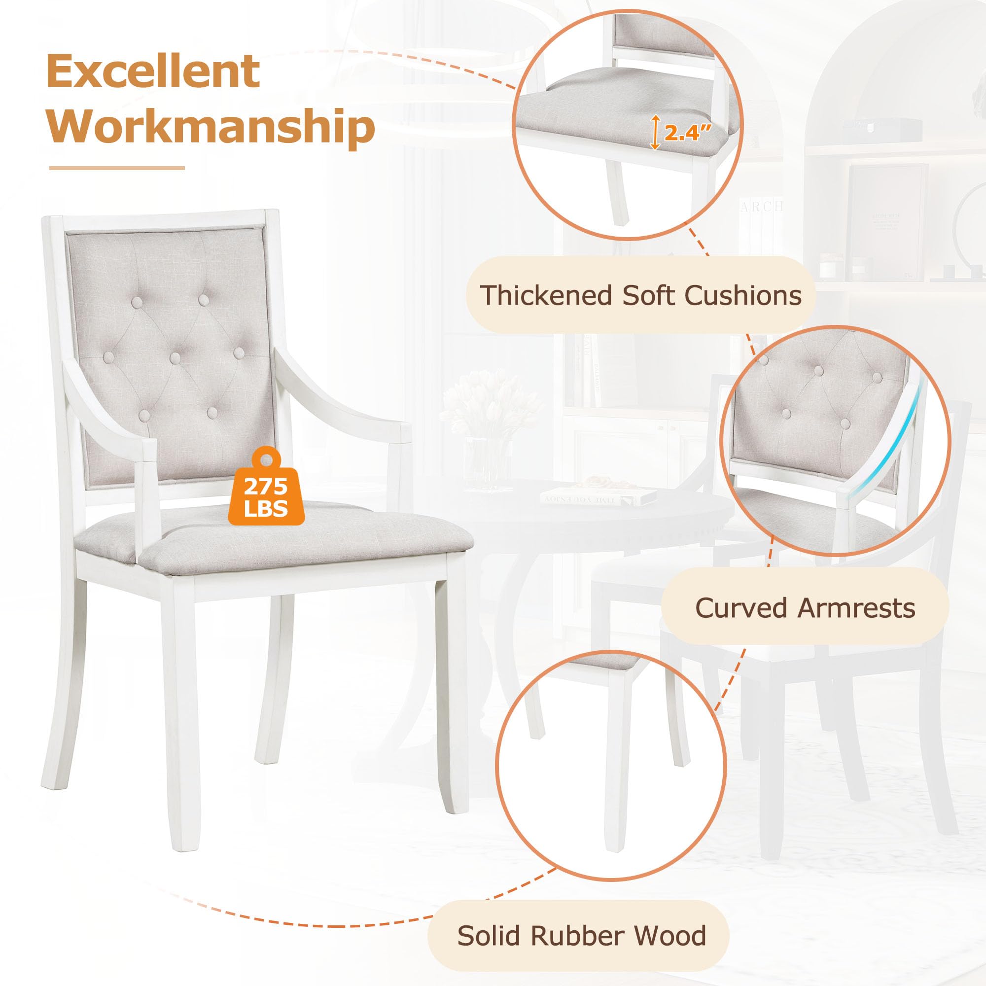 KoiHome, Wood Two-Size Round to Oval Butterfly Leaf, 4 Upholstered Armrest for 4 (Natural Oak+ Antique White), 5-Piece Extendable Dining Table/Chairs Set