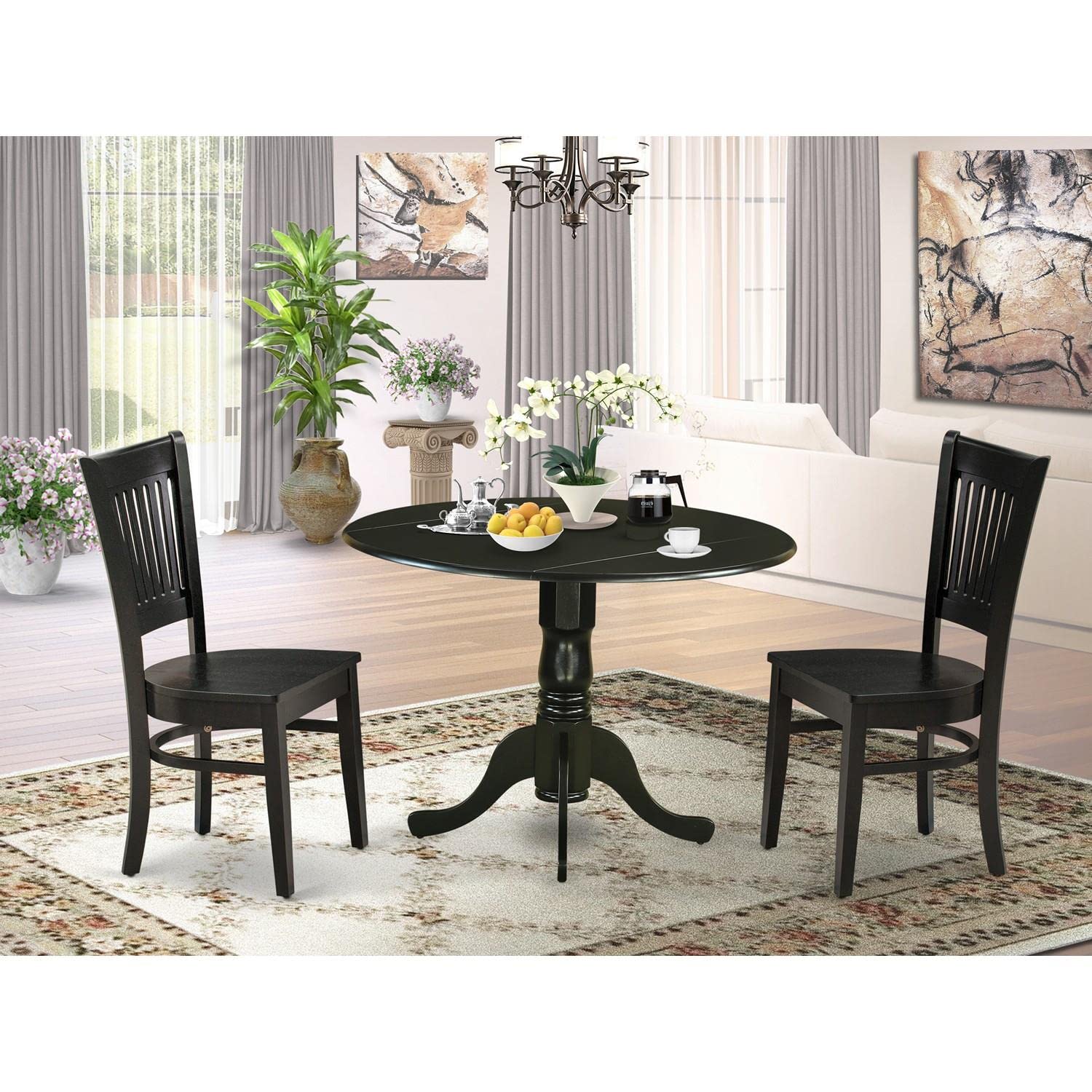 East West Furniture DLVA3-BLK-W 3 Piece Dinette Set for Small Spaces Contains a Round Dining Table with Dropleaf and 2 Dining Chairs, 42x42 Inch, Black