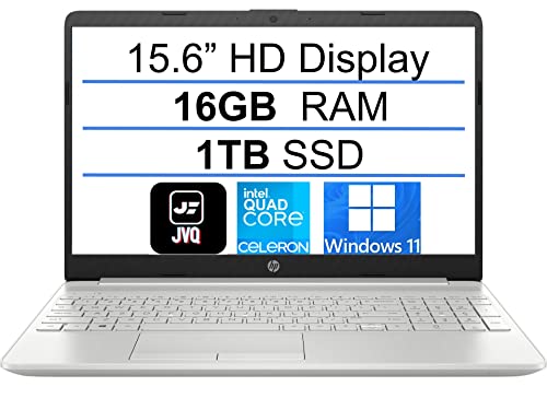 2022 Newest HP 15 Laptop Computer, 15.6" HD Display, Intel Celeron Quad-Core N4120(up to 2.6Ghz), 16GB DDR4 RAM, 1TB SSD, HDMI, RJ45, Wi-Fi, Bluetooth, Webcam, USB Type-C, Win11 S, Silver+JVQ MP