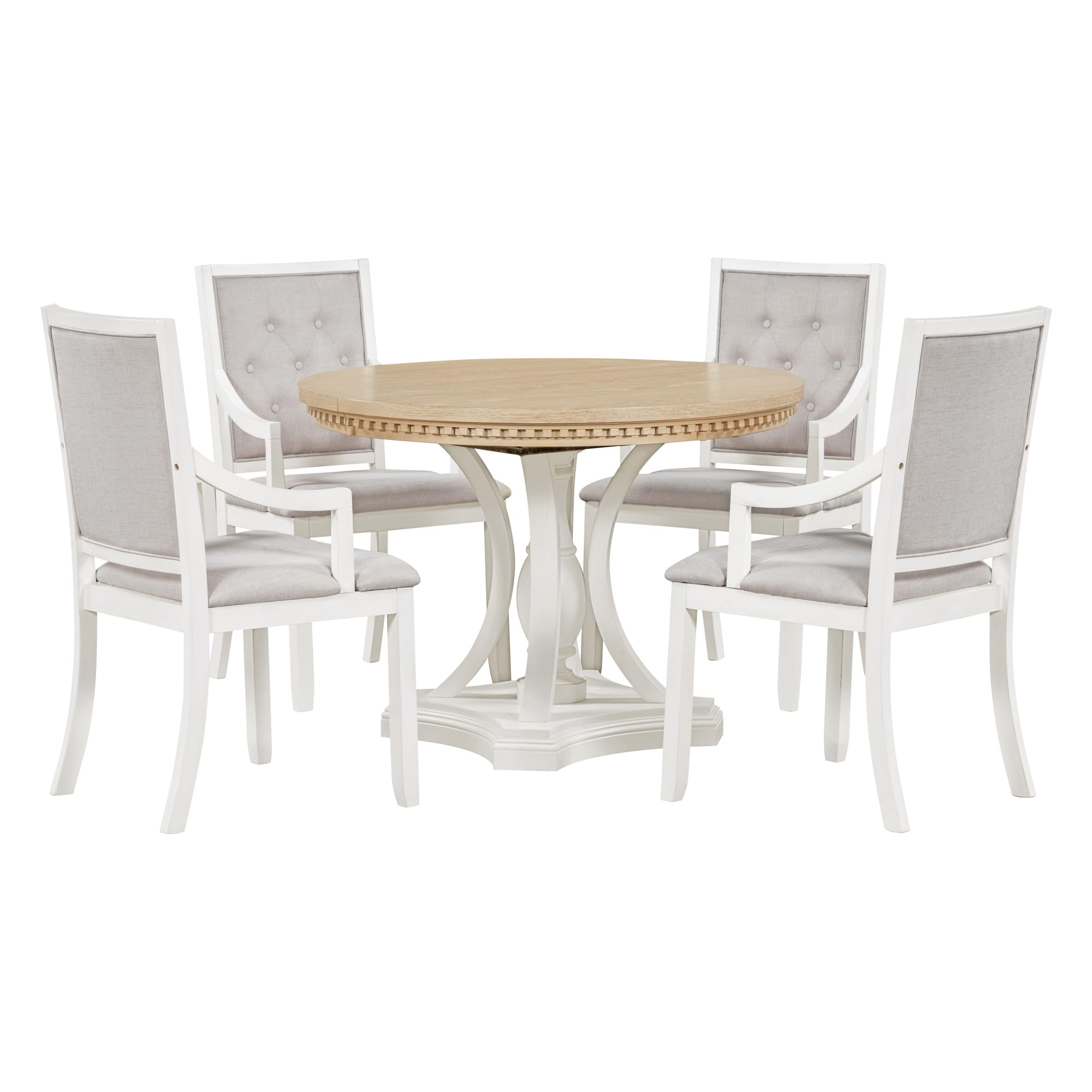 KoiHome, Wood Two-Size Round to Oval Butterfly Leaf, 4 Upholstered Armrest for 4 (Natural Oak+ Antique White), 5-Piece Extendable Dining Table/Chairs Set