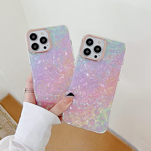 YeLoveHaw Designed for iPhone 14 Pro Case for Women Girls, Pink Purple Pearly-Lustre Shell, Colorful Glitter Powder Leopard Print, Slim Hard Protective Cover for iPhone 14Pro (Shiny Leopard)