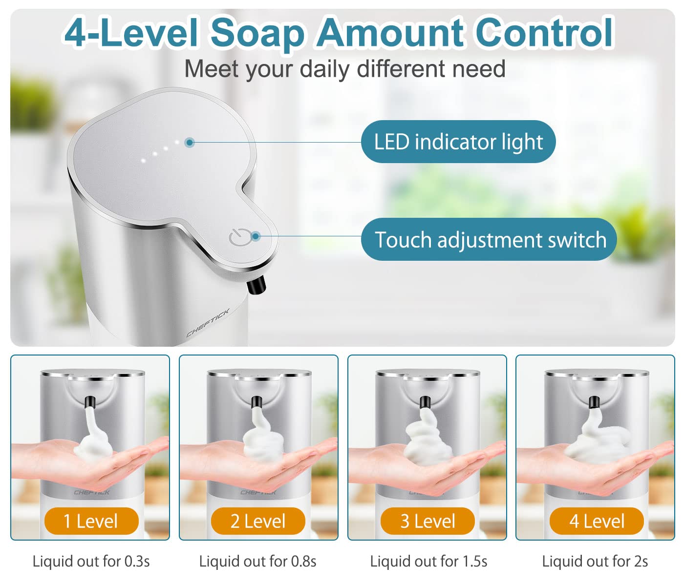 Cheftick Soap Dispenser, Automatic Foaming Soap Dispenser with 4 Adjustable Volume Control, Touchless Rechargeable Hands Free Auto Soap Dispenser for Kitchen, Bathroom, Hotel, Restaurant,13.5oz/ 400ml