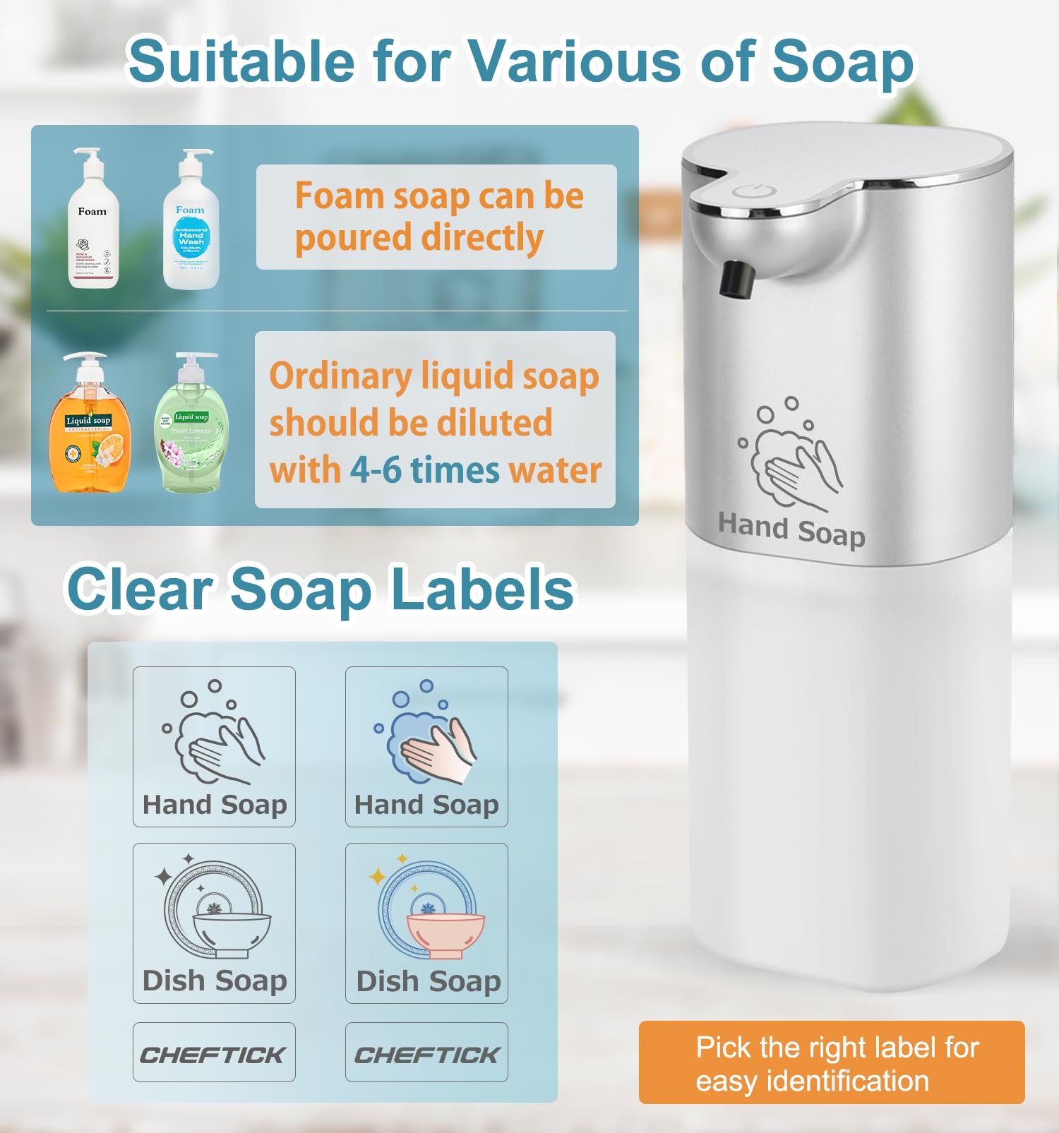 Cheftick Soap Dispenser, Automatic Foaming Soap Dispenser with 4 Adjustable Volume Control, Touchless Rechargeable Hands Free Auto Soap Dispenser for Kitchen, Bathroom, Hotel, Restaurant,13.5oz/ 400ml