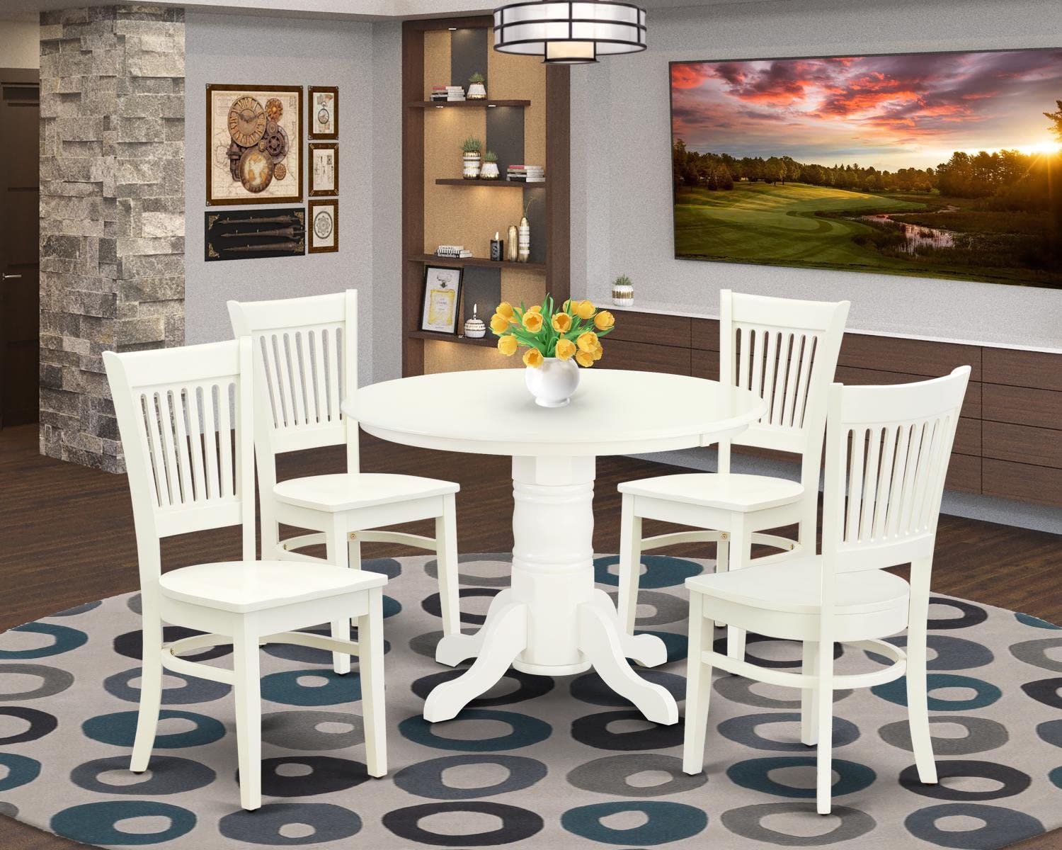 East West Furniture SHVA5-LWH-W 5 Piece Kitchen Table & Chairs Set Includes a Round Dining Room Table with Pedestal and 4 Solid Wood Seat Chairs, 42x42 Inch, Linen White
