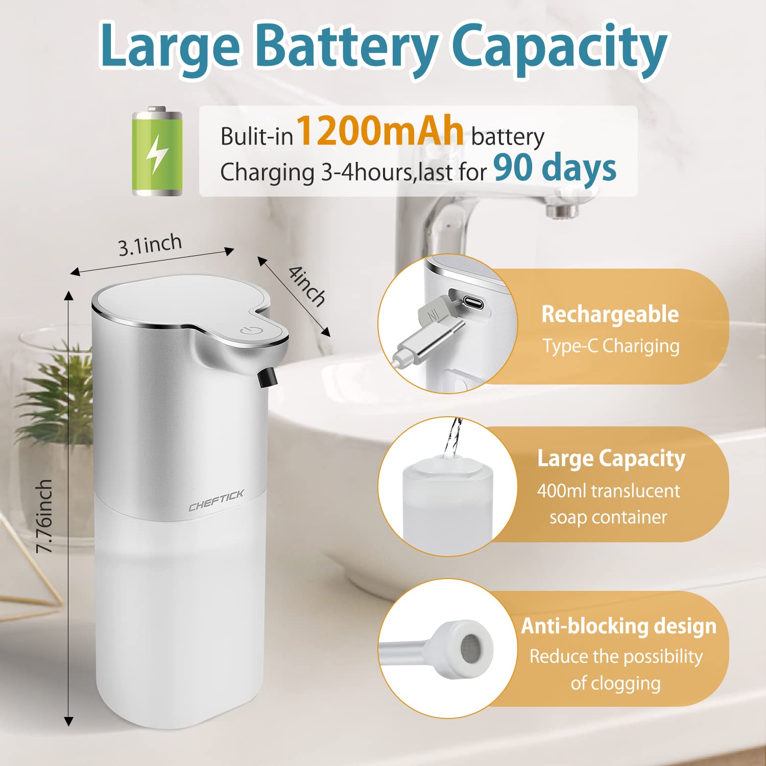 Cheftick Soap Dispenser, Automatic Foaming Soap Dispenser with 4 Adjustable Volume Control, Touchless Rechargeable Hands Free Auto Soap Dispenser for Kitchen, Bathroom, Hotel, Restaurant,13.5oz/ 400ml