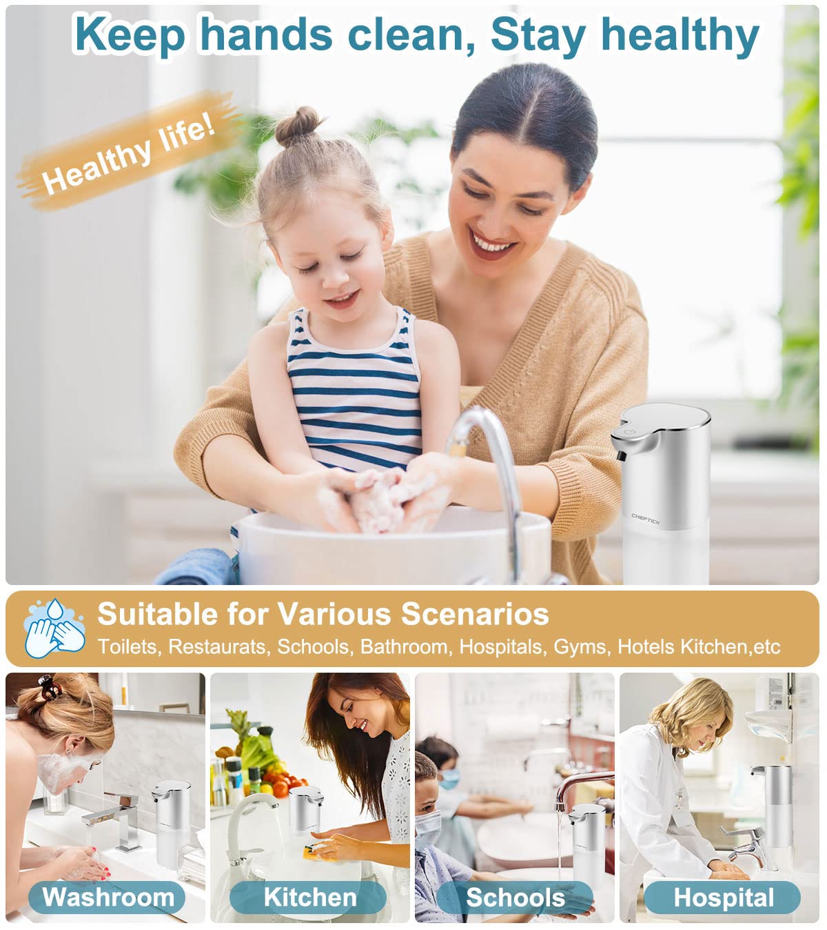 Cheftick Soap Dispenser, Automatic Foaming Soap Dispenser with 4 Adjustable Volume Control, Touchless Rechargeable Hands Free Auto Soap Dispenser for Kitchen, Bathroom, Hotel, Restaurant,13.5oz/ 400ml