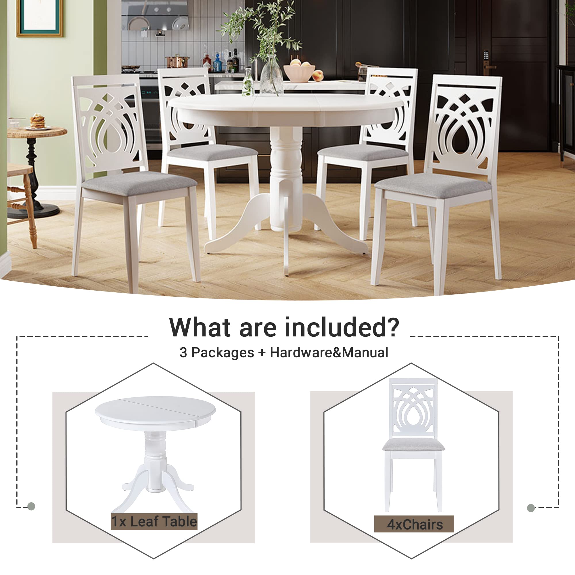 Merax Mid-Century Wood 5-Piece Extendable Dining Table Set with 4 Upholstered Chairs for Small Places, White_Round