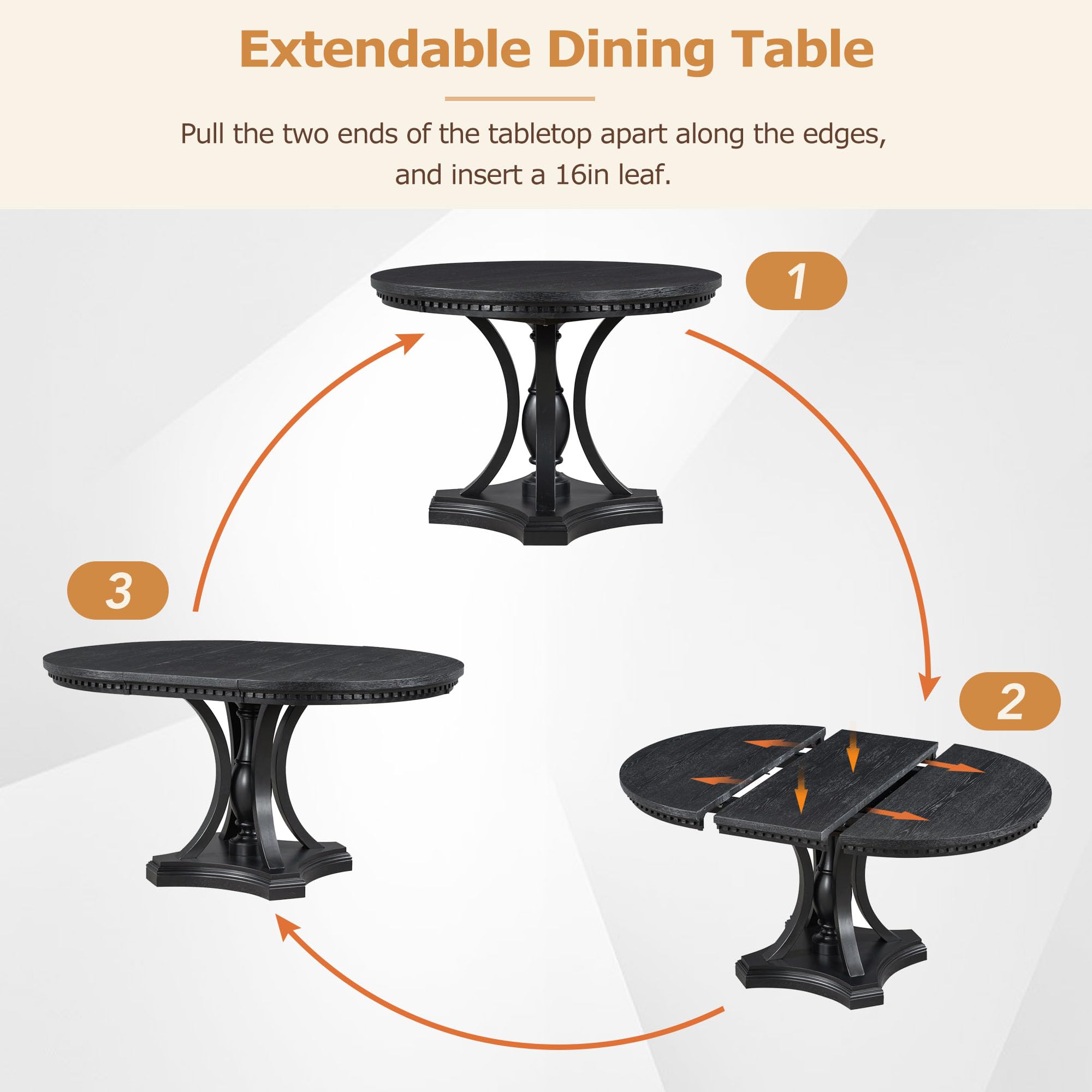 POCIYIHOME 5-Piece Set, Wood Two-Size Round to Oval Extendable Butterfly Leaf, 4 Upholstered Dining Armrest, Table/Chairs for 4 (Black Oak), 42~58" L x 42''W x 30''H