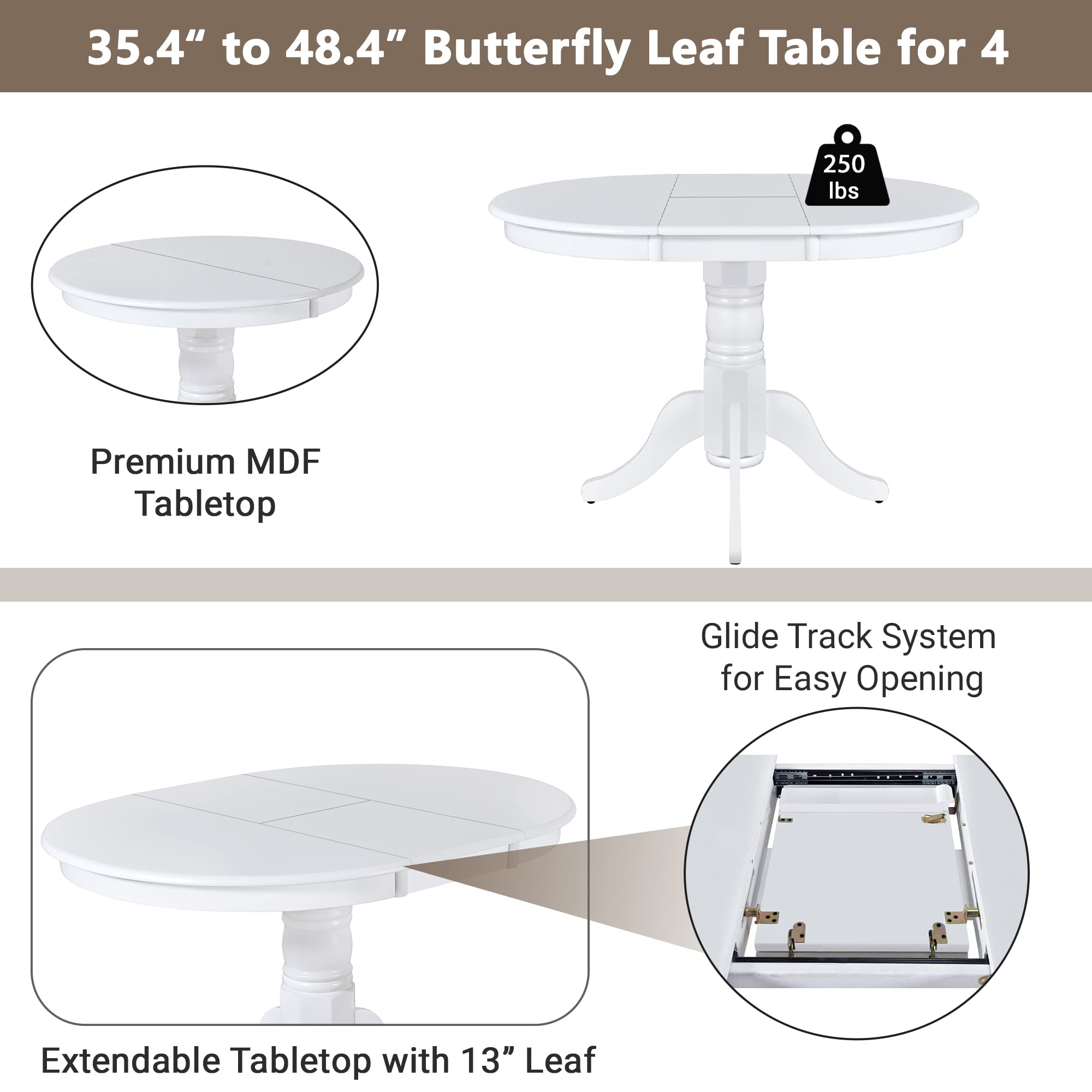 Merax Mid-Century Wood 5-Piece Extendable Dining Table Set with 4 Upholstered Chairs for Small Places, White_Round