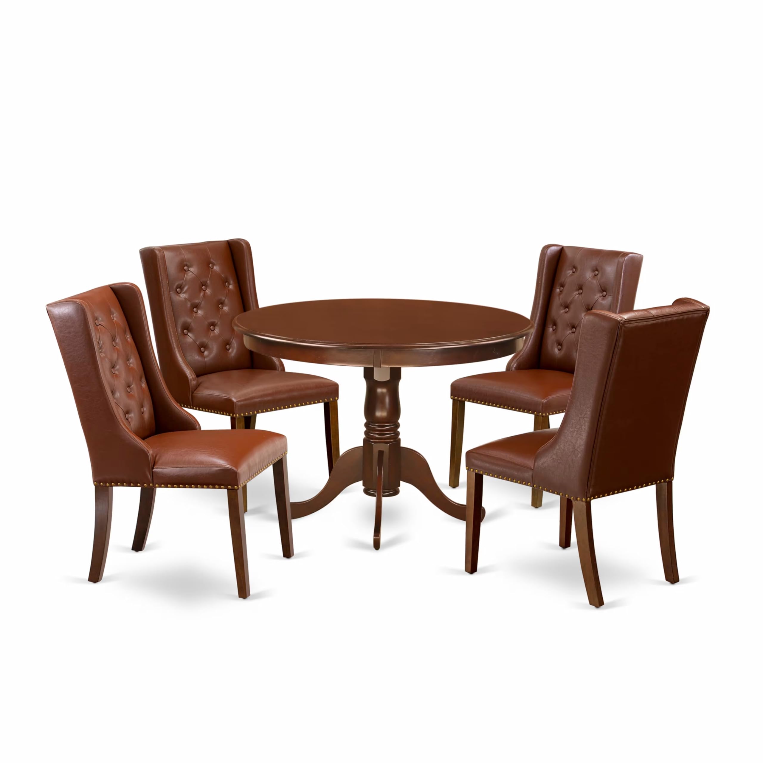 East West Furniture HLFO5-MAH-46 5 Piece Kitchen Table Set for 4 Includes a Round Dining Table with Pedestal and 4 Brown Faux Faux Leather Parson Dining Chairs, 42x42 Inch, Mahogany