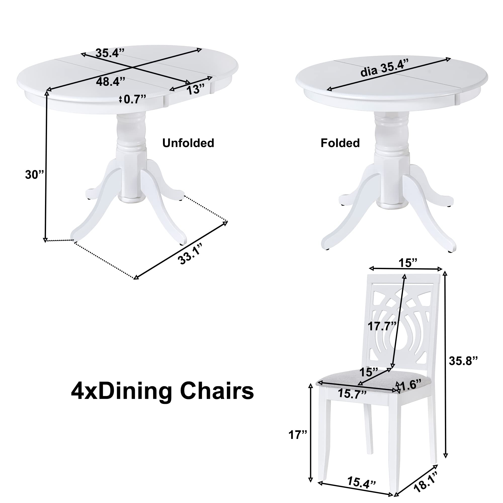 Merax Mid-Century Wood 5-Piece Extendable Dining Table Set with 4 Upholstered Chairs for Small Places, White_Round