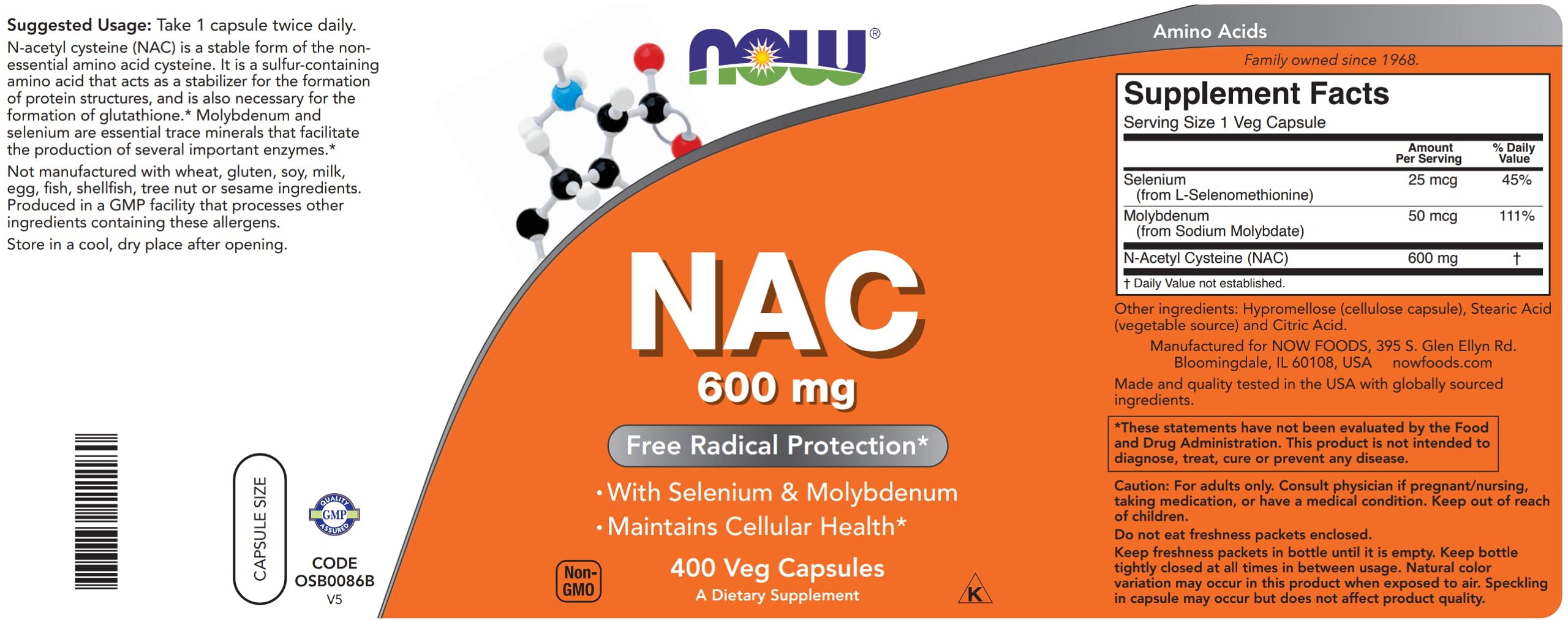 Now NAC 600 mg, 400 Veg Capsules (Pack of 2), N-Acetyl Cysteine with Selenium and Molybdenum