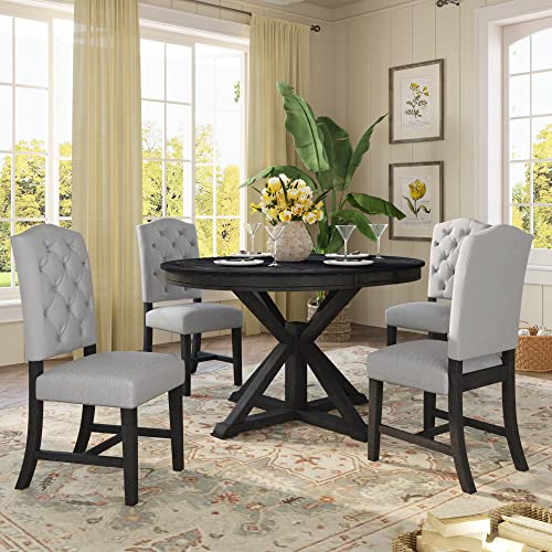 LCH 5-Piece Functional Furniture Retro Style, Extendable Round Set with Table and 4 Upholstered Chairs for Dining Living Room (Espresso)
