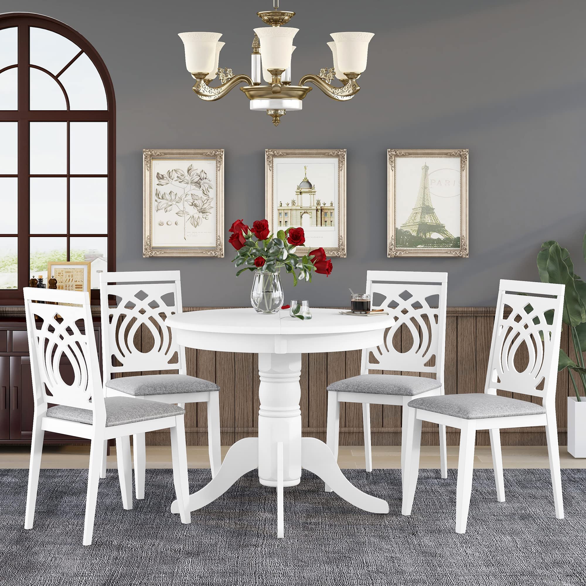 Merax Mid-Century Wood 5-Piece Extendable Dining Table Set with 4 Upholstered Chairs for Small Places, White_Round