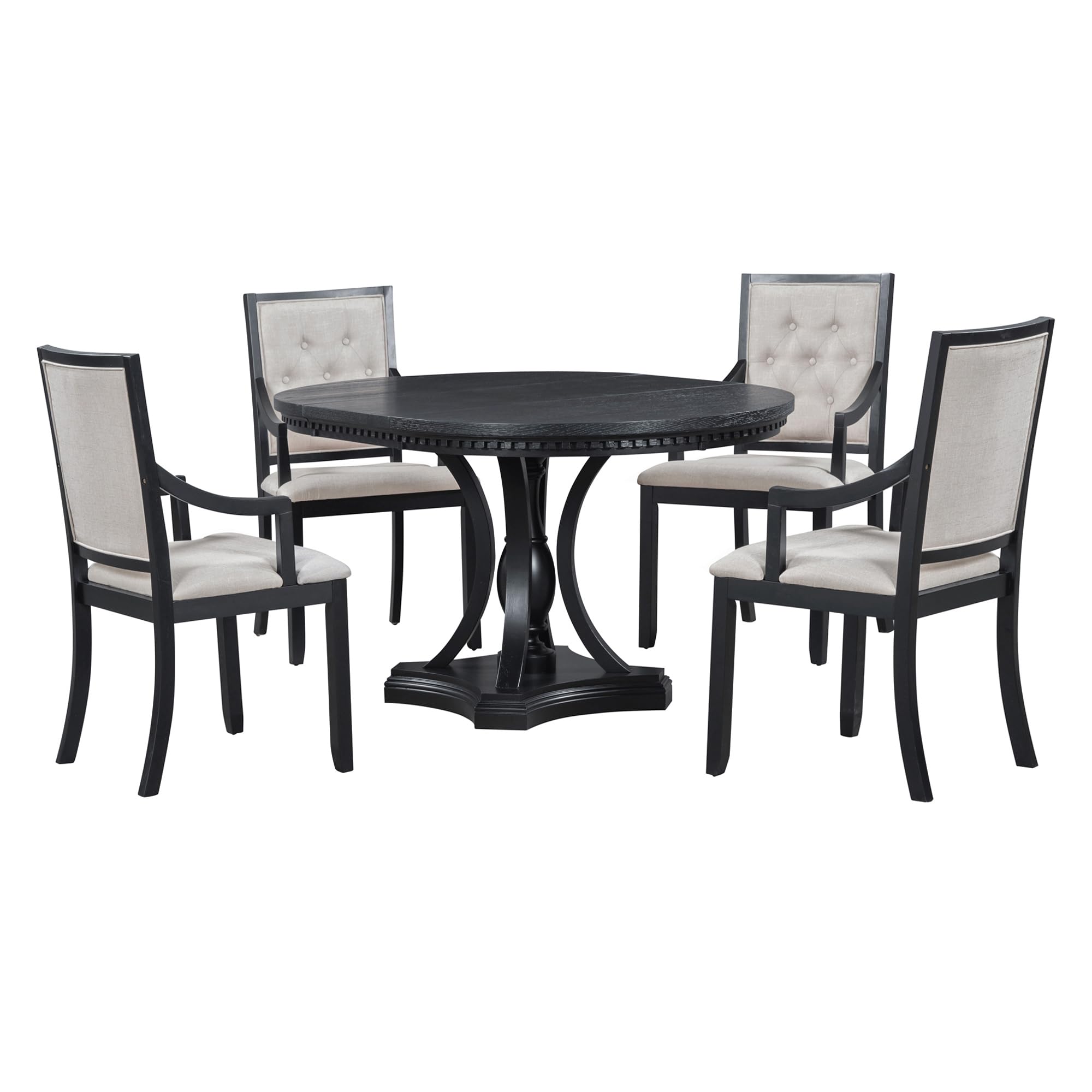 POCIYIHOME 5-Piece Set, Wood Two-Size Round to Oval Extendable Butterfly Leaf, 4 Upholstered Dining Armrest, Table/Chairs for 4 (Black Oak), 42~58" L x 42''W x 30''H
