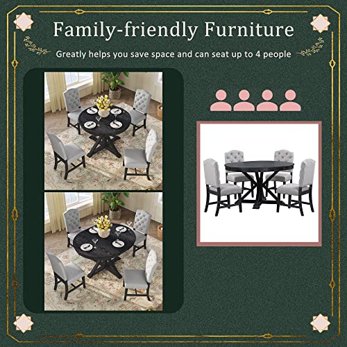 LCH 5-Piece Functional Furniture Retro Style, Extendable Round Set with Table and 4 Upholstered Chairs for Dining Living Room (Espresso)