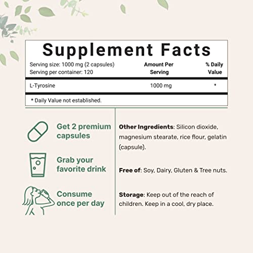 Plant Based L Tyrosine Pills, 1000mg Per Serving, 240 Capsules, Premium Tyrosine Pre Workout Supplement, Supports Mental Alertness Neurotransmitter, Non-GMO and Easy to Swallow