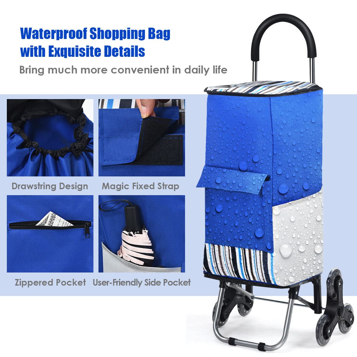 Folding Shopping Cart Stair Climbing Dolly w/Bag & Bungee Cord