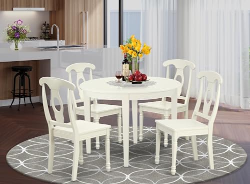 East West Furniture BOKE5-LWH-W 5 Piece Kitchen Table Set for 4 Includes a Round Dining Room Table and 4 Solid Wood Seat Chairs, 42x42 Inch, Linen White