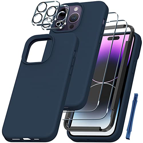 QHOHQ [5 in 1] for iPhone 14 Pro Case, with 2X Screen Protector + 2X Camera Lens Protector, Soft Silicone Military Shockproof Slim Thin Phone Case 6.1 Inch, Navy Blue