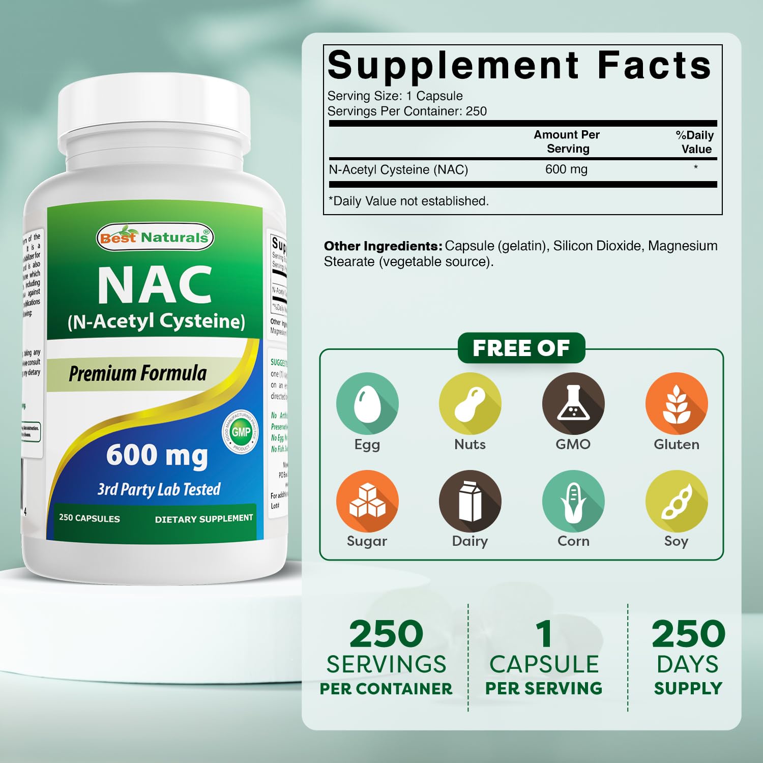 Best Naturals NAC - N Acetyl Cysteine 600 mg 250 Capsules - n Acetyl cysteine - Powerful antioxidant