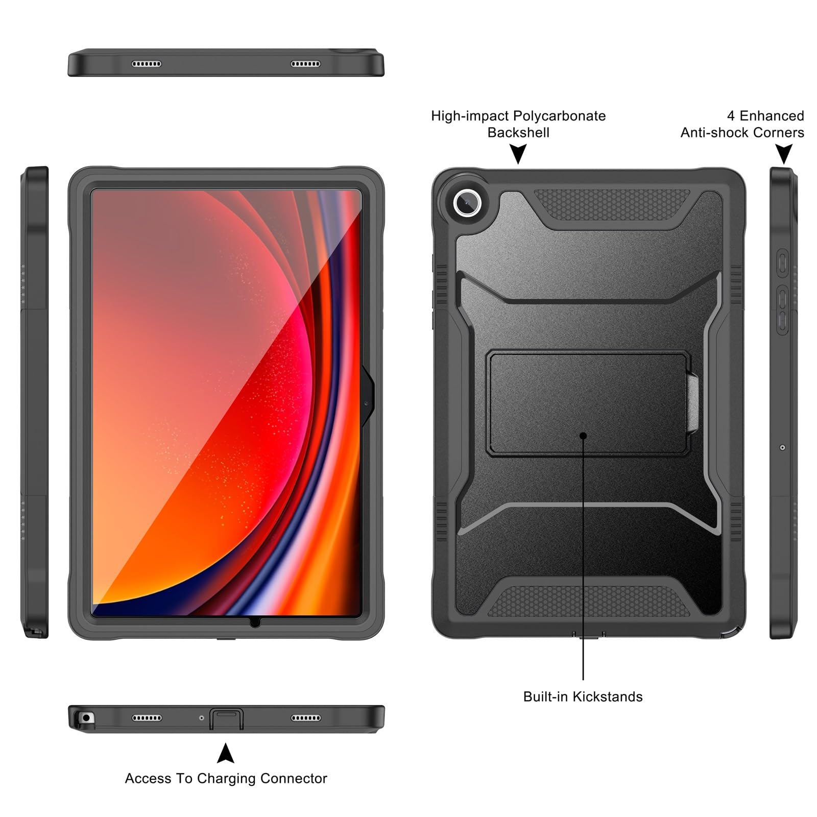 Soke Case for Samsung Galaxy Tab A9 Plus 2023, with Built-in Screen Protector and Kickstand, Rugged Full Body Protective Cover for Galaxy Tab A9+ 11 Inch Tablet [SM-X210/X216/X218],Black