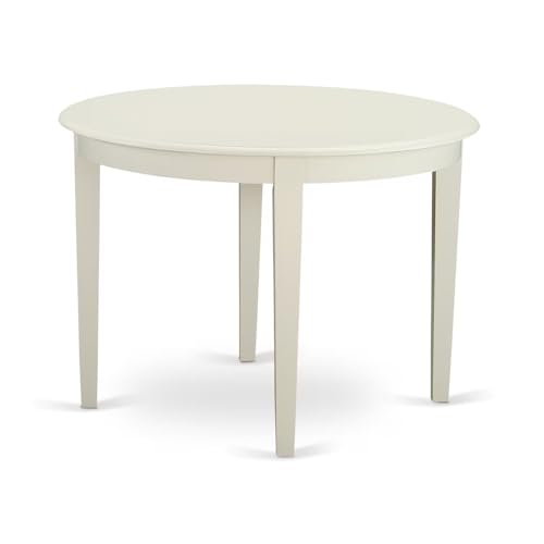 East West Furniture BOKE5-LWH-W 5 Piece Kitchen Table Set for 4 Includes a Round Dining Room Table and 4 Solid Wood Seat Chairs, 42x42 Inch, Linen White