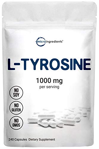 Plant Based L Tyrosine Pills, 1000mg Per Serving, 240 Capsules, Premium Tyrosine Pre Workout Supplement, Supports Mental Alertness Neurotransmitter, Non-GMO and Easy to Swallow