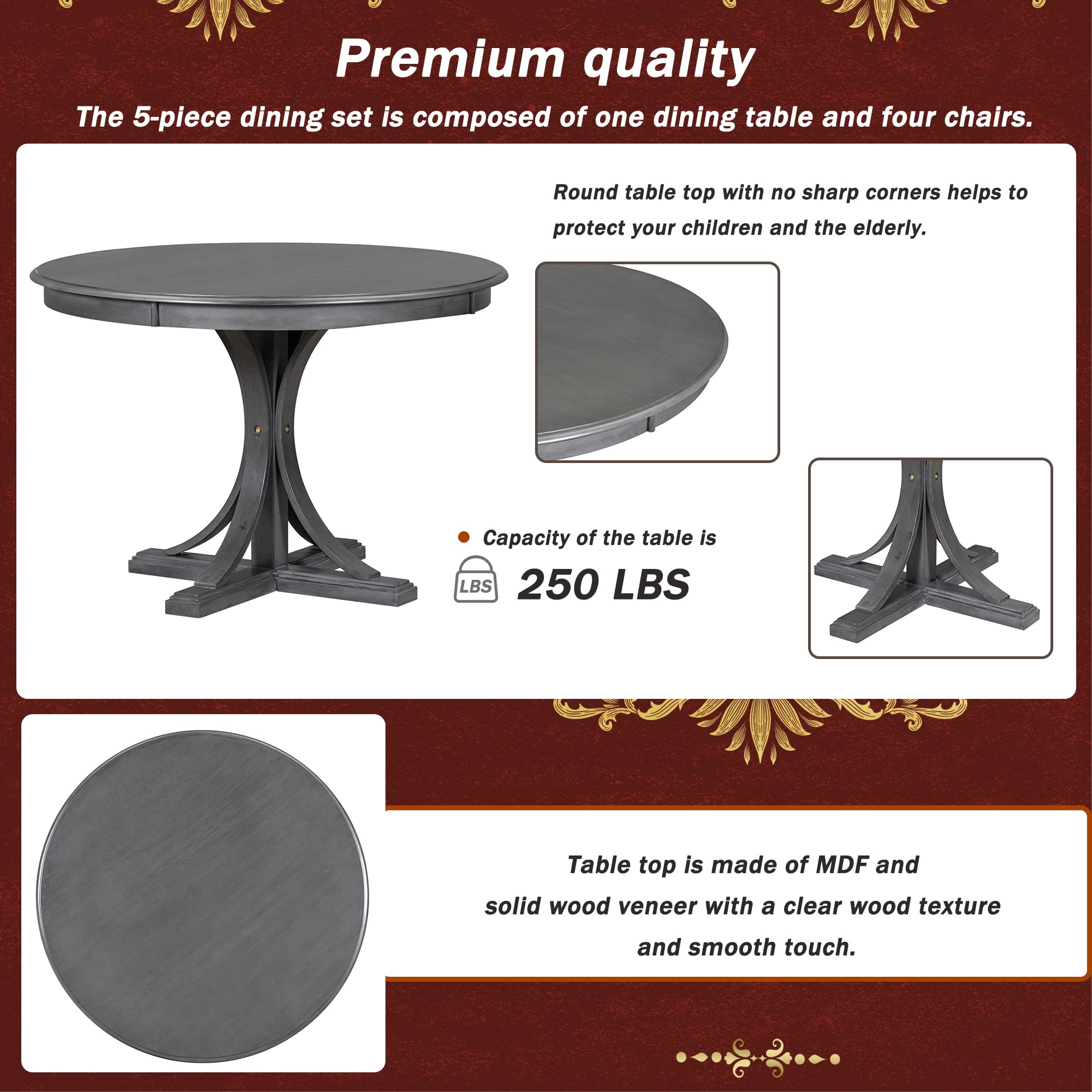 Round Dining Table Set for 4 5-Piece Kitchen Table and Chairs Small Wood Round Table with 4 Upholstered Chairs and Curved Trestle Legs Dining Room Breakfast Table Sets for Apartment, Grey