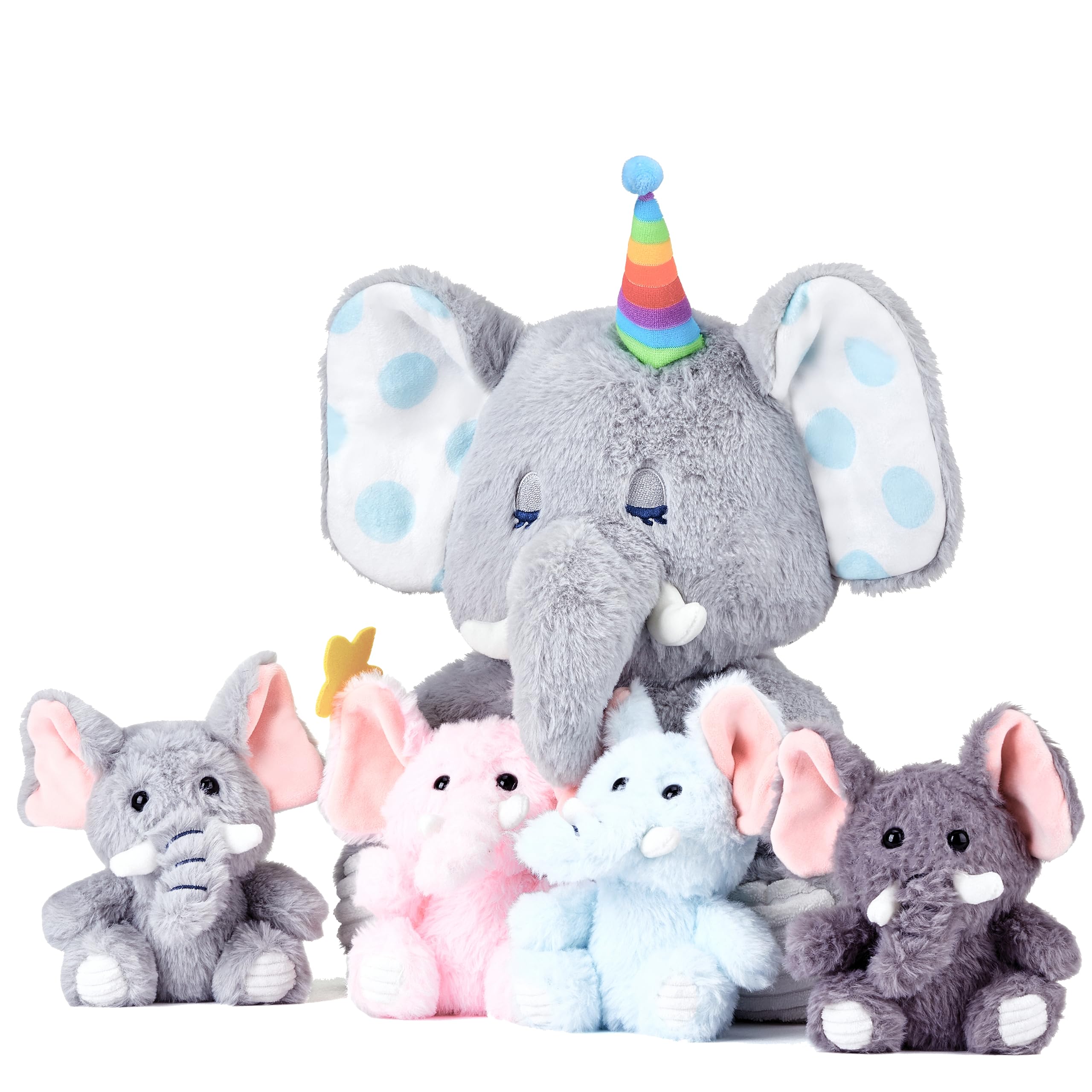 EARTHSOUND Elephant Mom and Baby Stuffed Animal Mommy Plush Toy,16” Cute Small Mama Soft Toys with Little Babies,Family Set Gifts for Kid