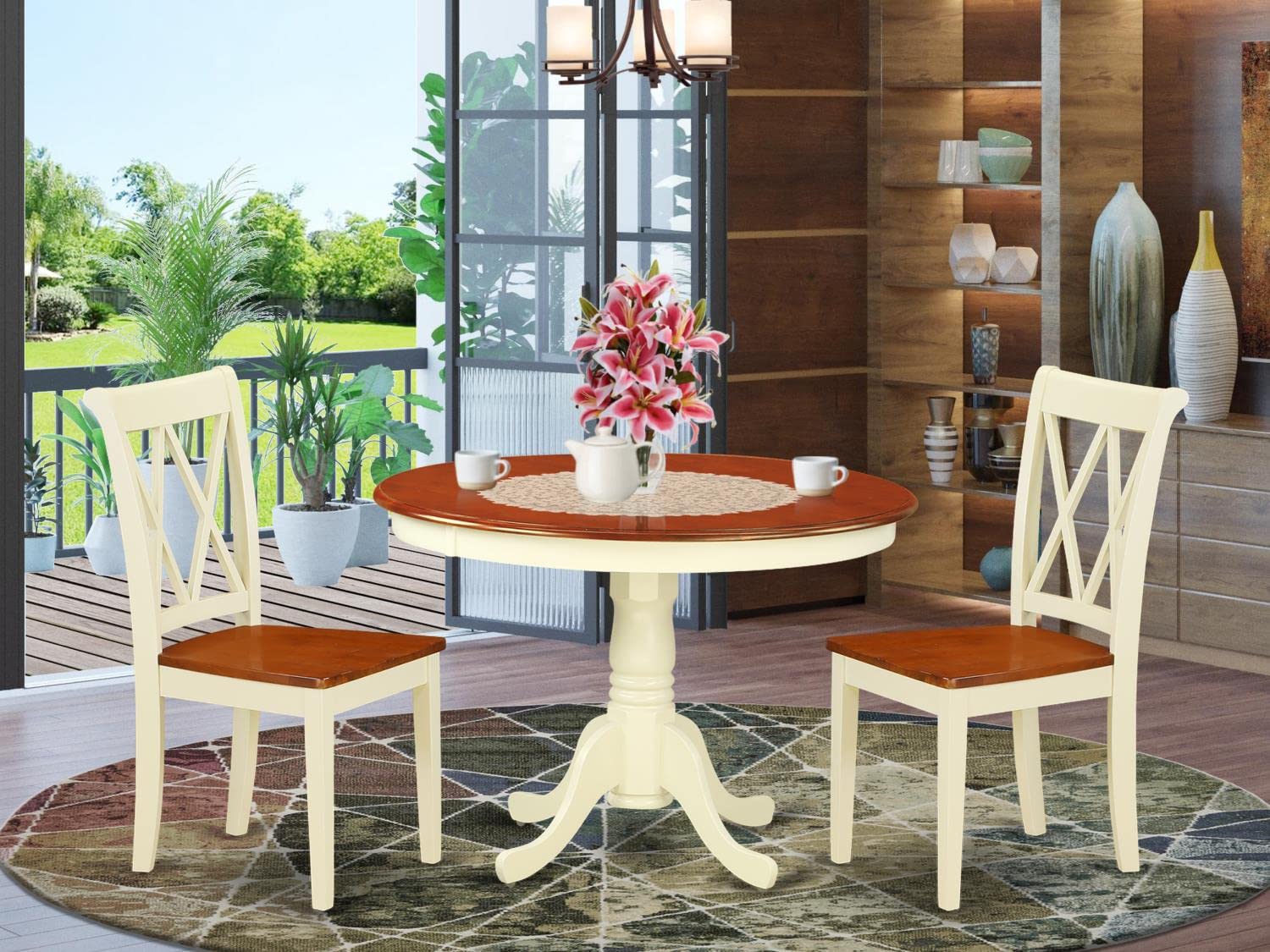 East West Furniture HLCL3-BMK-W 3 Piece Kitchen Table & Chairs Set Contains a Round Dining Table with Pedestal and 2 Dining Room Chairs, 42x42 Inch, Buttermilk & Cherry