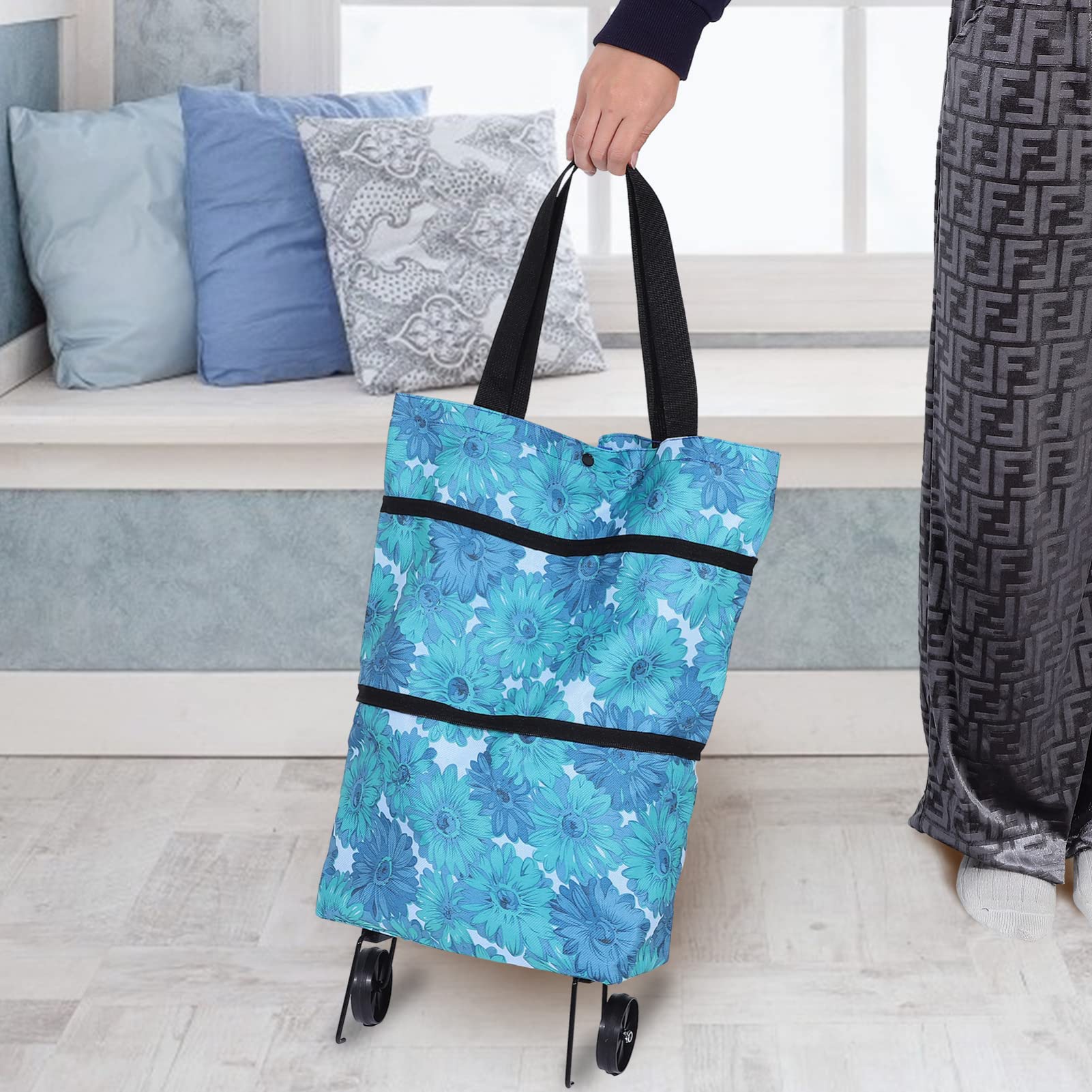 Cabilock 2Pcs Folding Shopping Bags Portable Collapsible Trolley Bags with Wheels for Women As Shown
