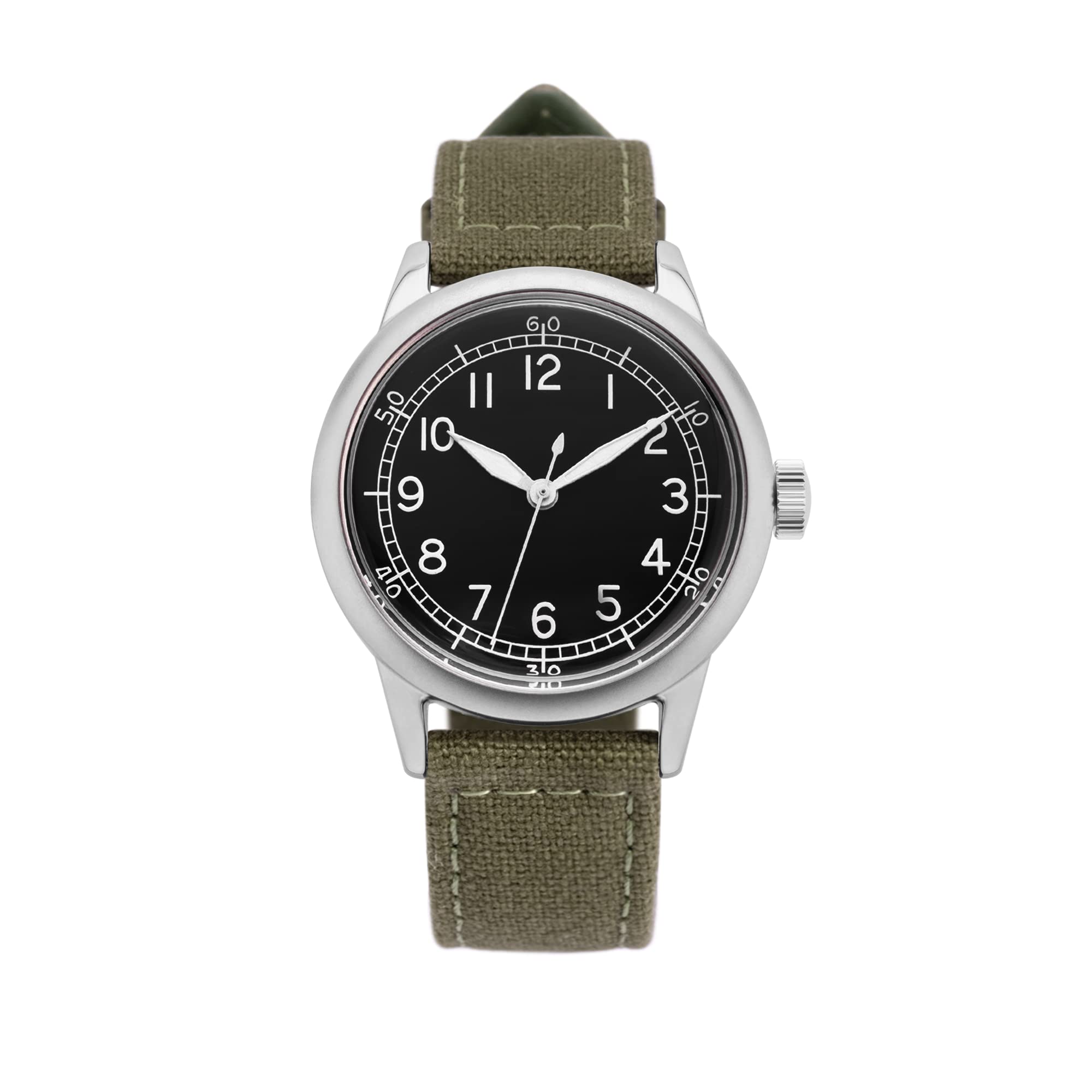PRAESIDUS A-11 Spec 2 Vintage Military Field Watch, 30mm or 42mm Stainless Steel Case Green Canvas Strap, Men's Tactical Wrist Watch Suitable for Work and Outdoor Use with 2-Year Warranty