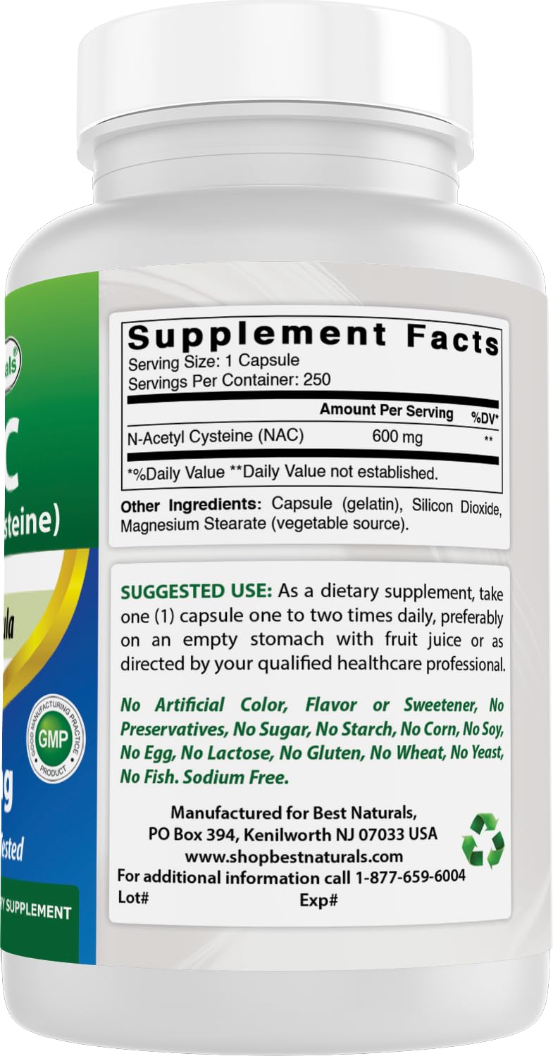 Best Naturals NAC - N Acetyl Cysteine 600 mg 250 Capsules - n Acetyl cysteine - Powerful antioxidant