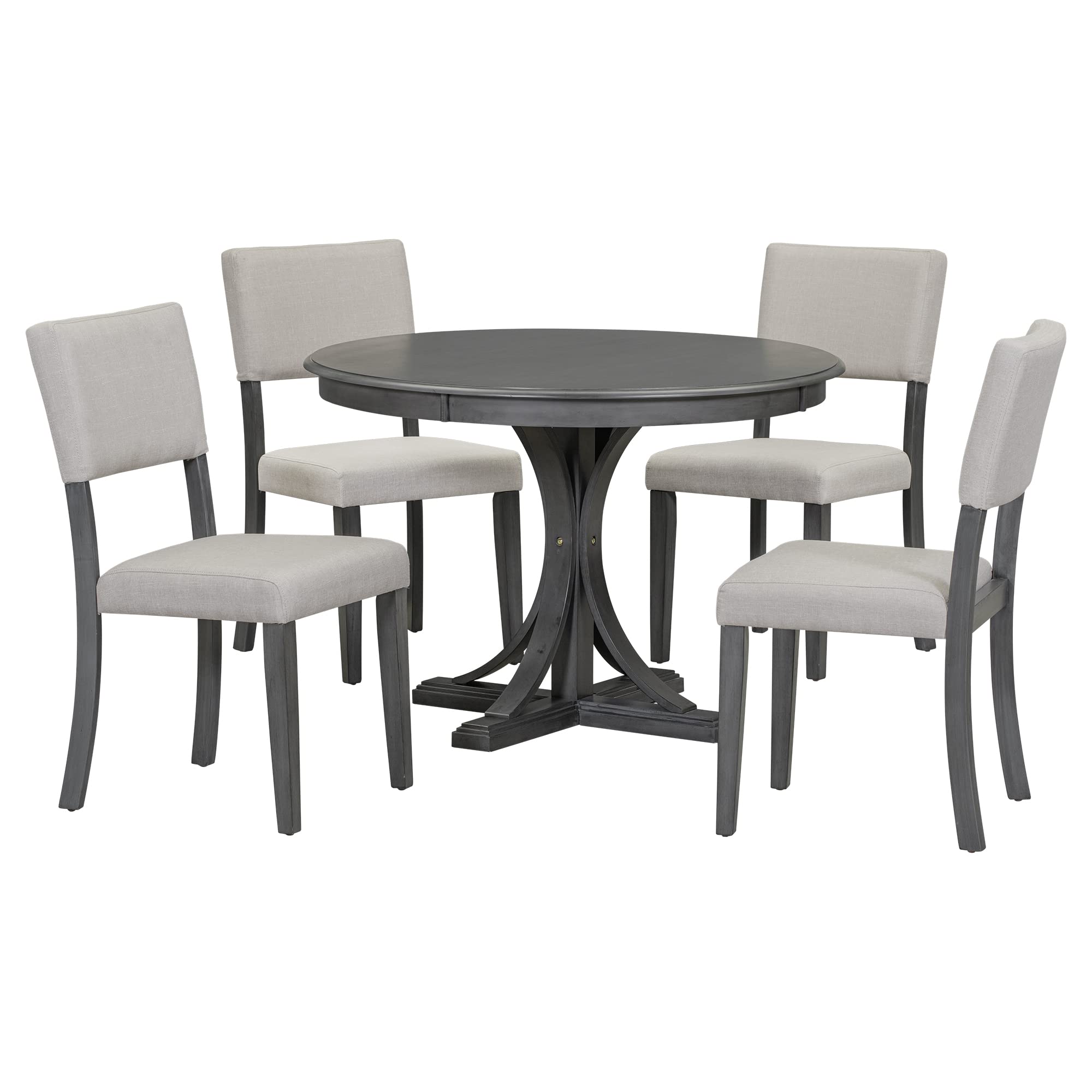 Round Dining Table Set for 4 5-Piece Kitchen Table and Chairs Small Wood Round Table with 4 Upholstered Chairs and Curved Trestle Legs Dining Room Breakfast Table Sets for Apartment, Grey