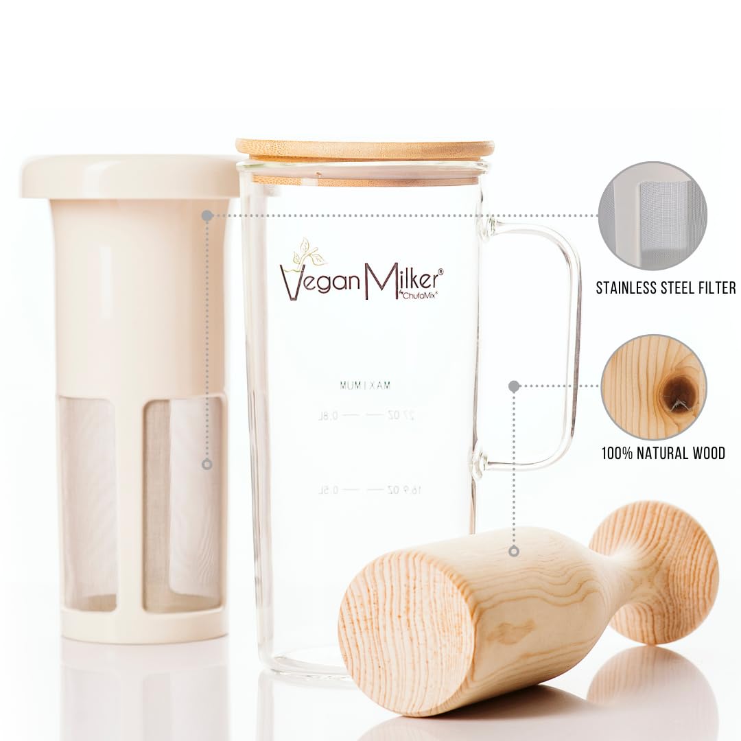 Vegan Milker Soul. Kitchen Tool to make plant milks from any nut, grain or seed. Wooden mortar. Milk Maker with Free Recipe E-Book (Soul)