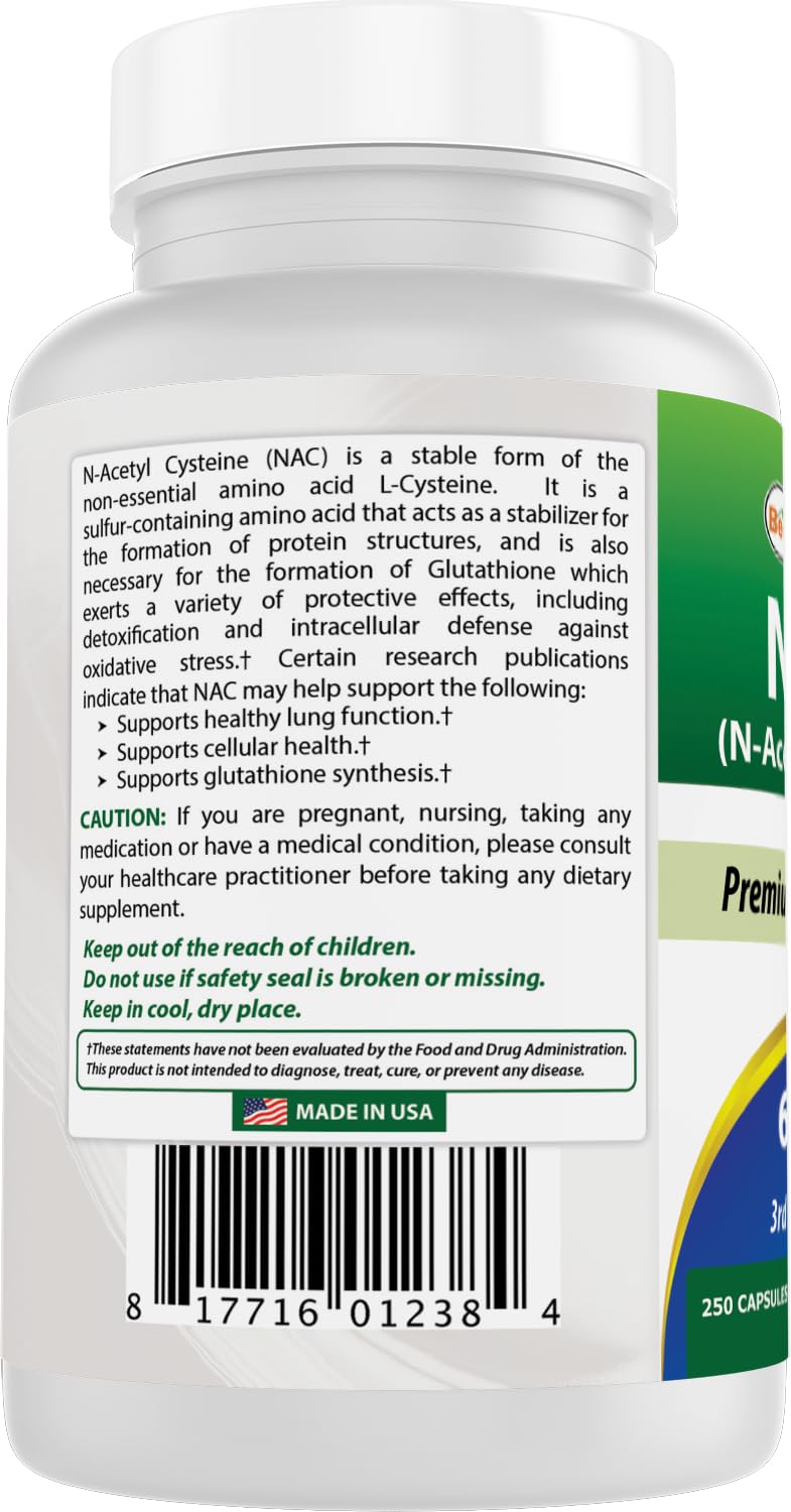Best Naturals NAC - N Acetyl Cysteine 600 mg 250 Capsules - n Acetyl cysteine - Powerful antioxidant