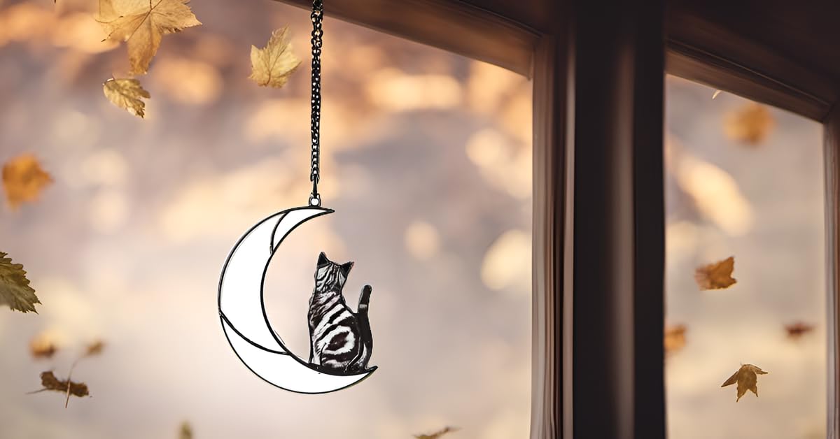 YULAIKUAI Tabby Cat Memorial Suncatcher - Handcrafted Stained Glass Memorial Gifts for Cat Lovers, American Shorthair Cat Keepsake