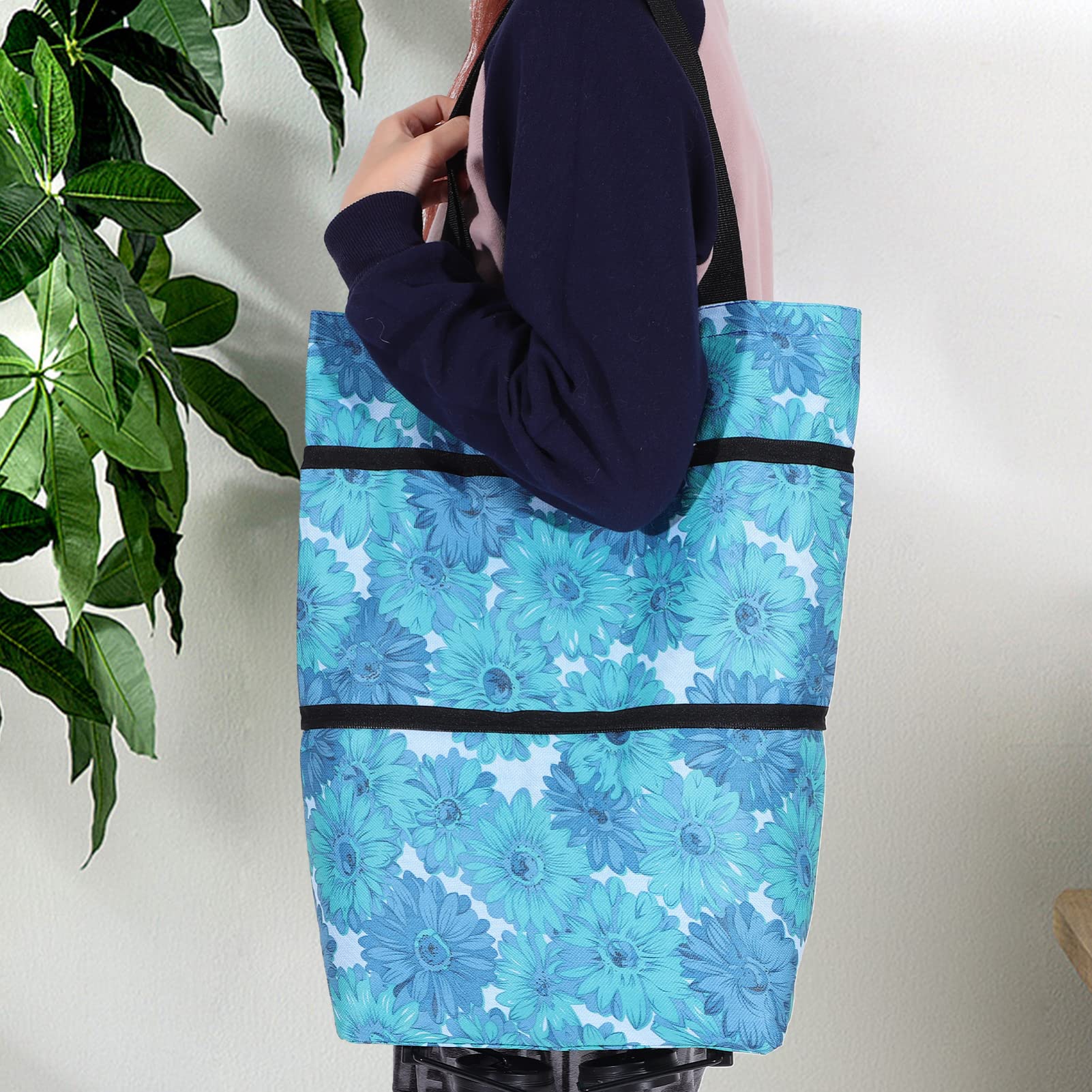 Cabilock 2Pcs Folding Shopping Bags Portable Collapsible Trolley Bags with Wheels for Women As Shown