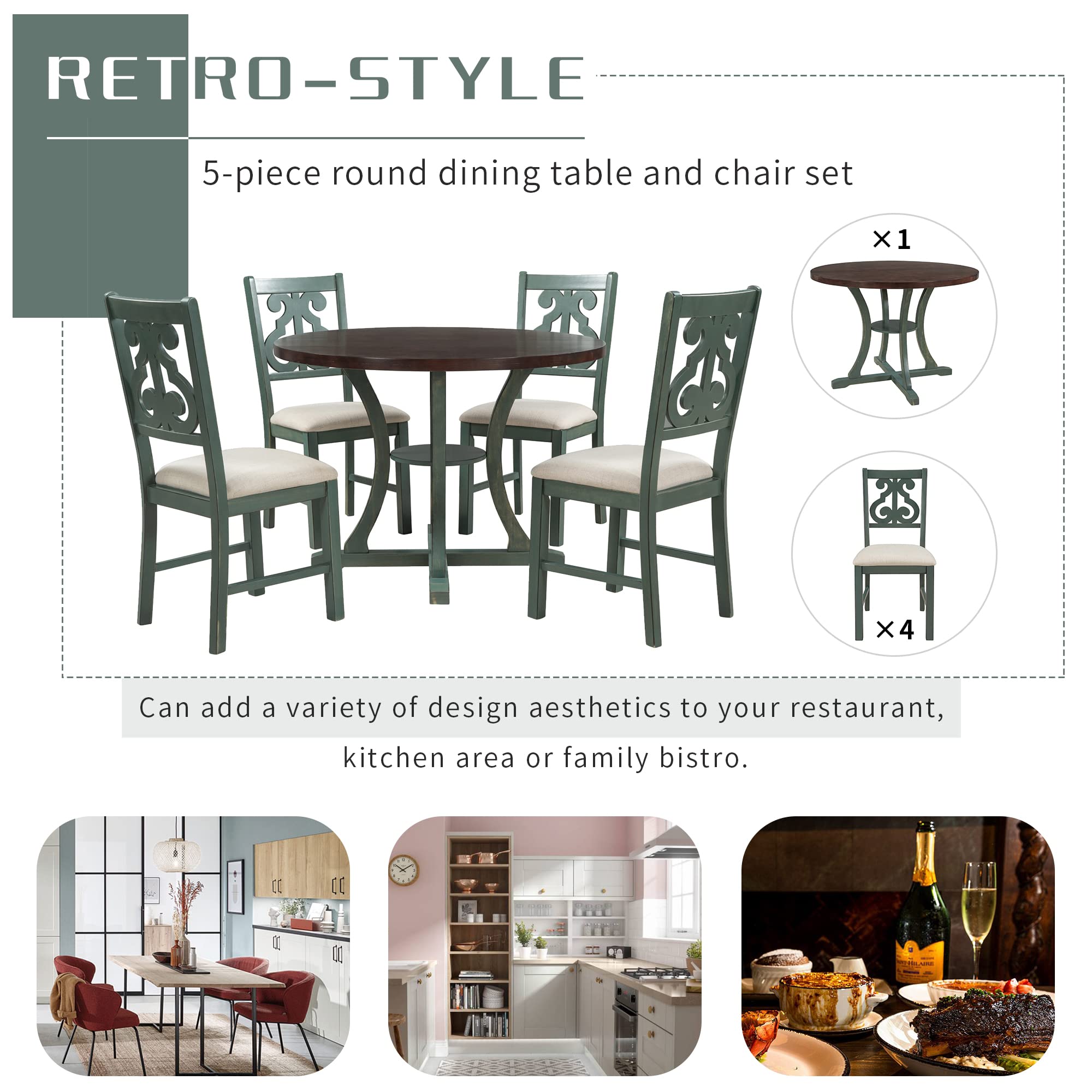 Merax 5-Piece Round Dining Table Set with Special-Shaped Legs and an Exquisitely Designed Hollow Chairs Back, Antique Blue/Dark Brown