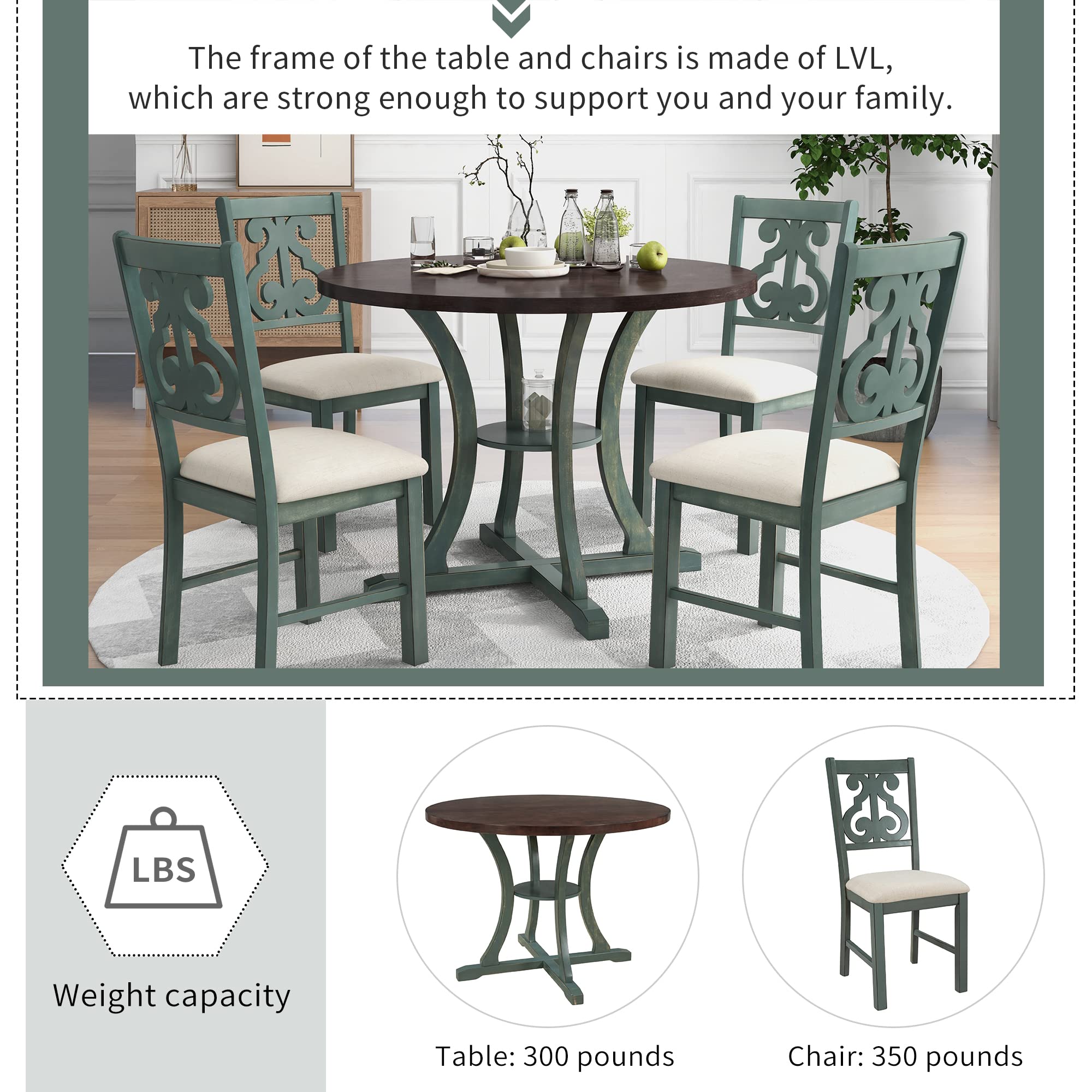 Merax 5-Piece Round Dining Table Set with Special-Shaped Legs and an Exquisitely Designed Hollow Chairs Back, Antique Blue/Dark Brown