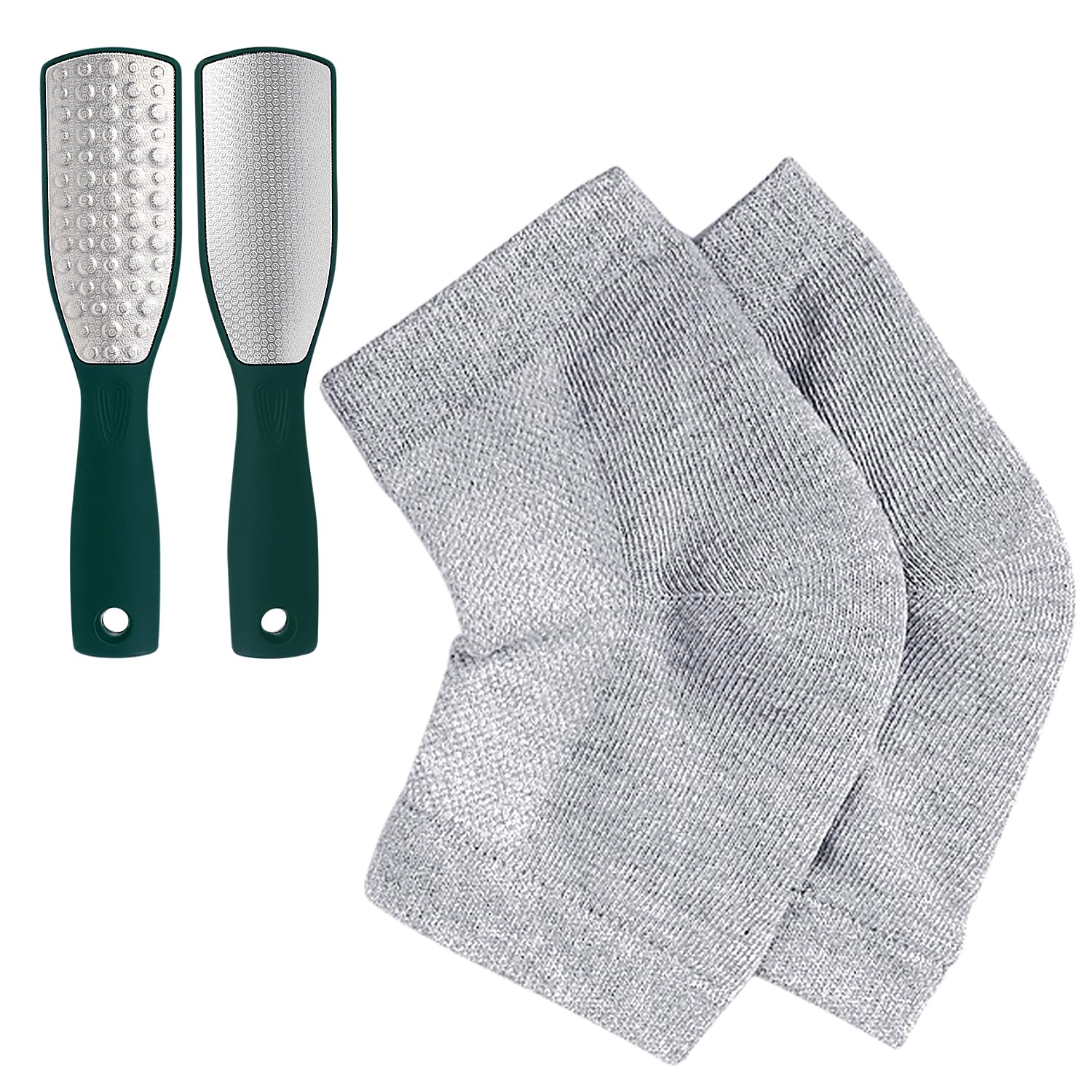Foot File and Spa Socks Set, Foot Care Pedicure Stainless Steel File, Gel Lined Toeless Spa Socks, Moisturizing Heel Socks (Green+Grey)
