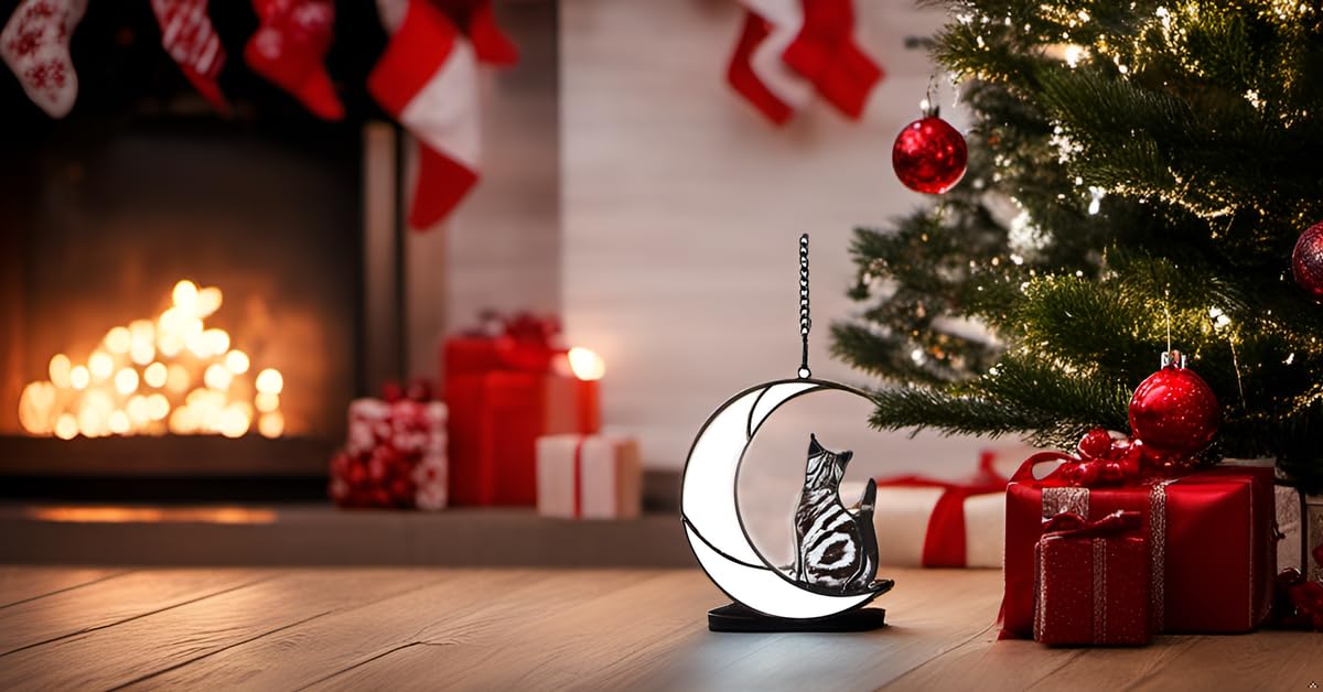 YULAIKUAI Tabby Cat Memorial Suncatcher - Handcrafted Stained Glass Memorial Gifts for Cat Lovers, American Shorthair Cat Keepsake