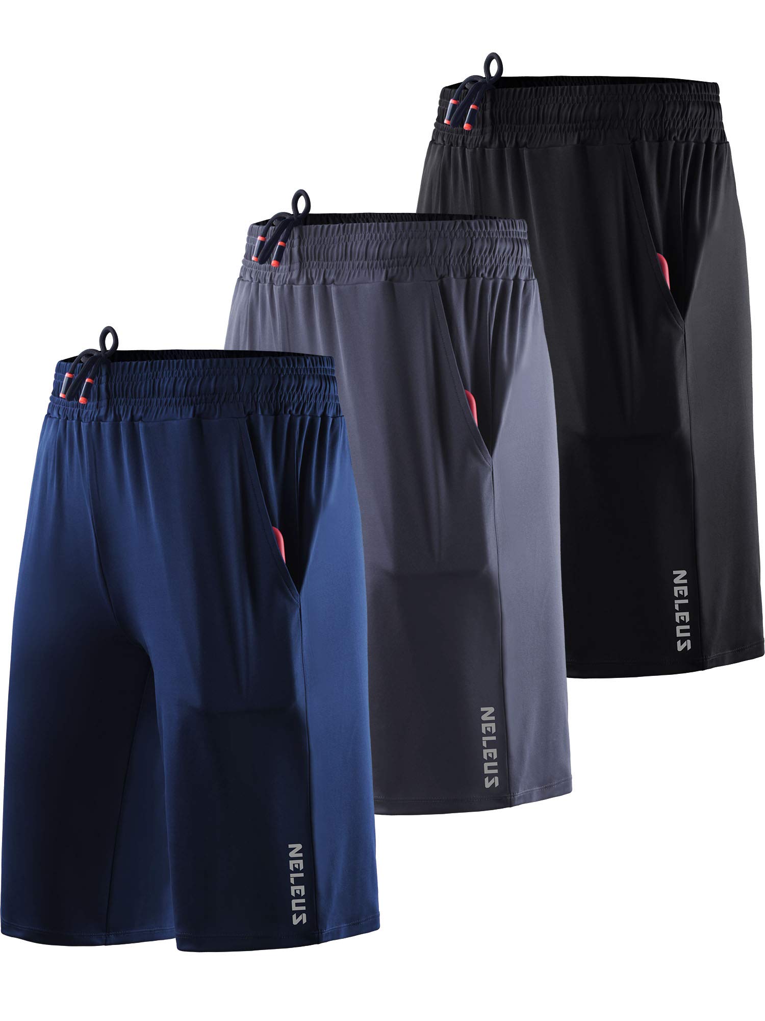 NELEUS Women's 10 inch Running Shorts Workout Athletic Short for Yoga with Pocket,3 Pack,Black/Grey/Navy Blue,US 2XL,EU 3XL