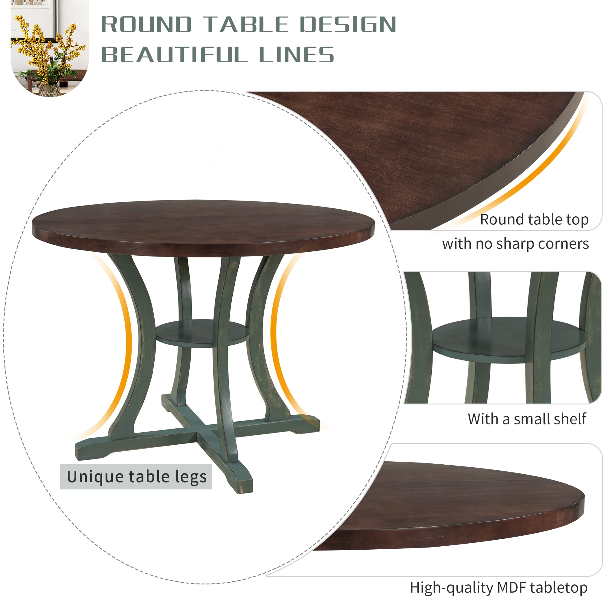 Merax 5-Piece Round Dining Table Set with Special-Shaped Legs and an Exquisitely Designed Hollow Chairs Back, Antique Blue/Dark Brown