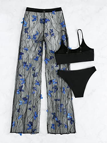 MakeMeChic Women's 3 Piece Swimsuit Full Coverage Bikini Set with Butterfly Cover Up Pants Black Blue M